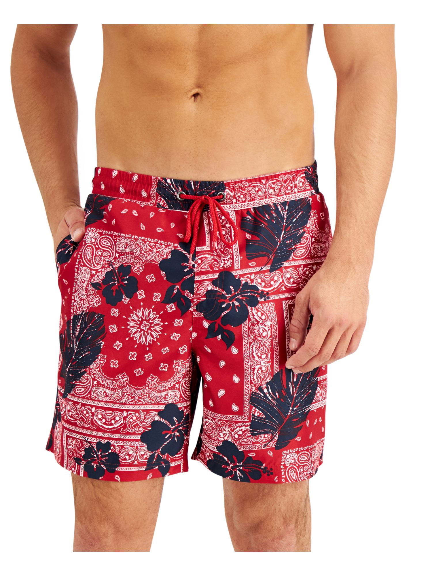 CLUBROOM Mens Red Drawstring Lined Classic Fit Swim Trunks XXL ...