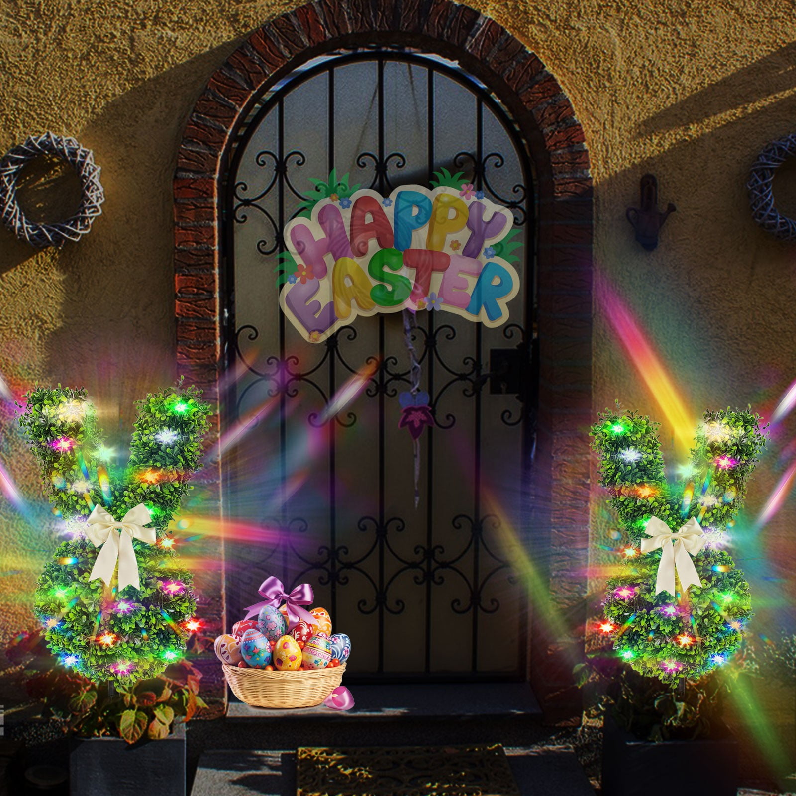 CLZOUD (2 PACK)Artificial Bunny Topiary Outdoor Decor with LED Lights ...