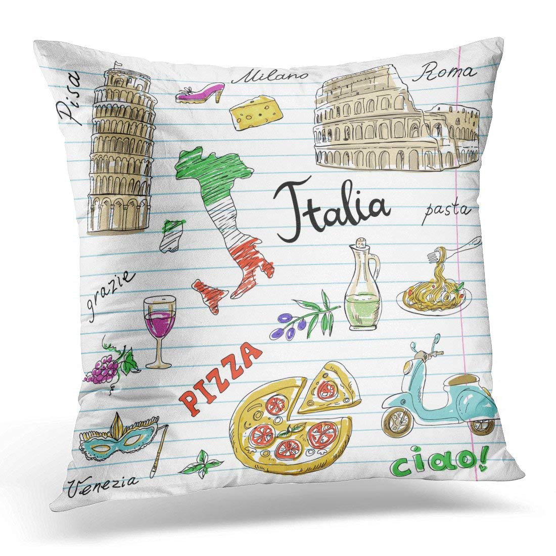 CMFUN Italy Symbols on Sheet with Coliseum Leaning Tower Pisa Pizza Map ...