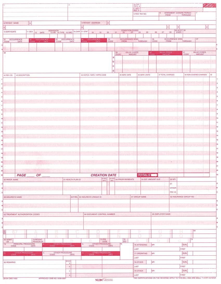 CMS 1450 / UB04 Medical Billing forms 500 Sheets - Walmart.com