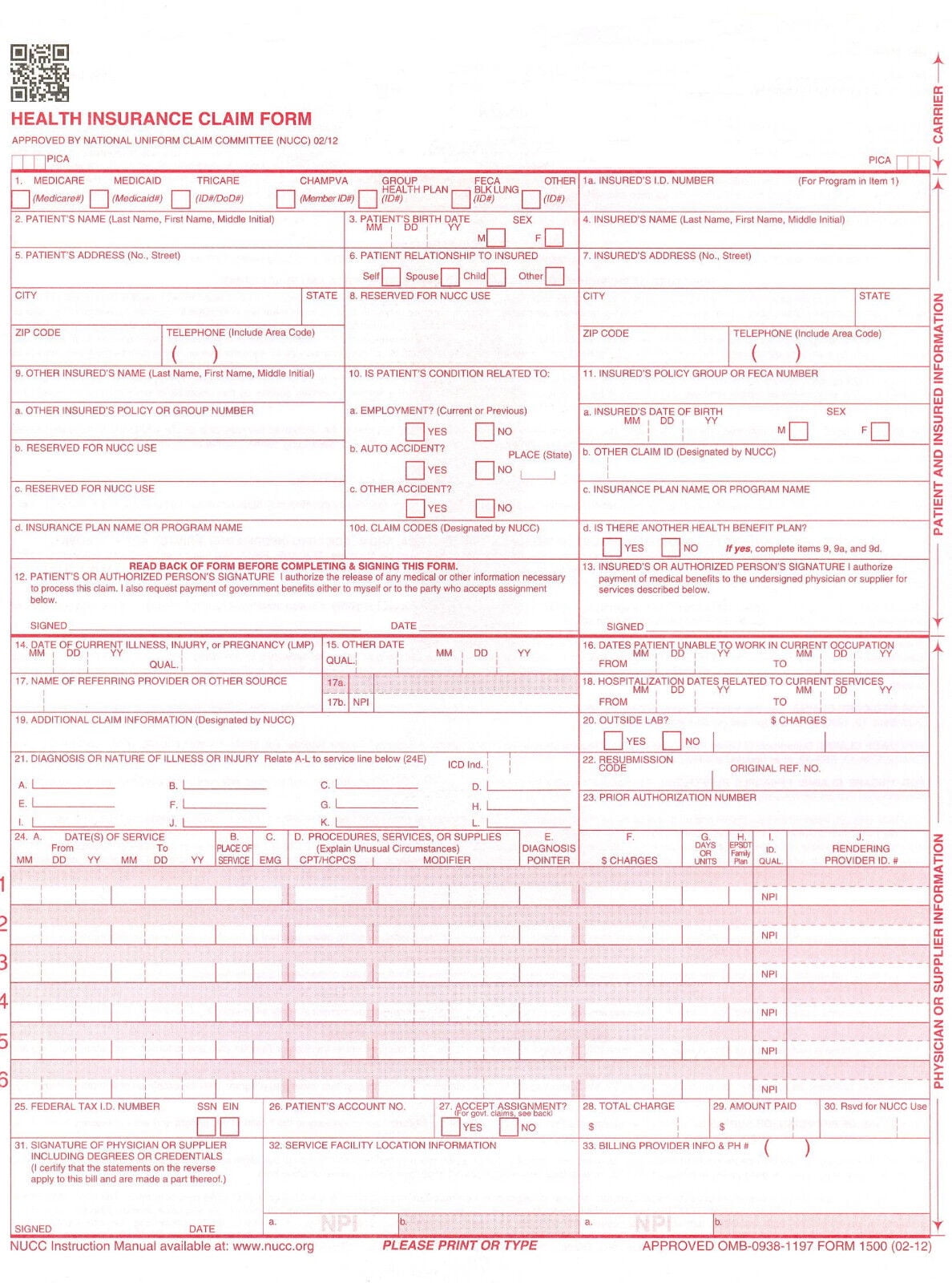 CMS 1500 (02/12 Version) 1000 Single Sheets. Insurance Billing Forms ...