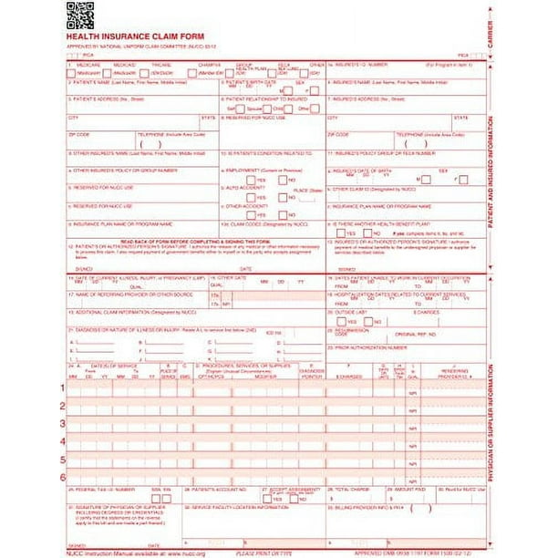 CMS 1500 Claim Forms "ICD-10" HCFA (Version 02/12) - Health Insurance ...