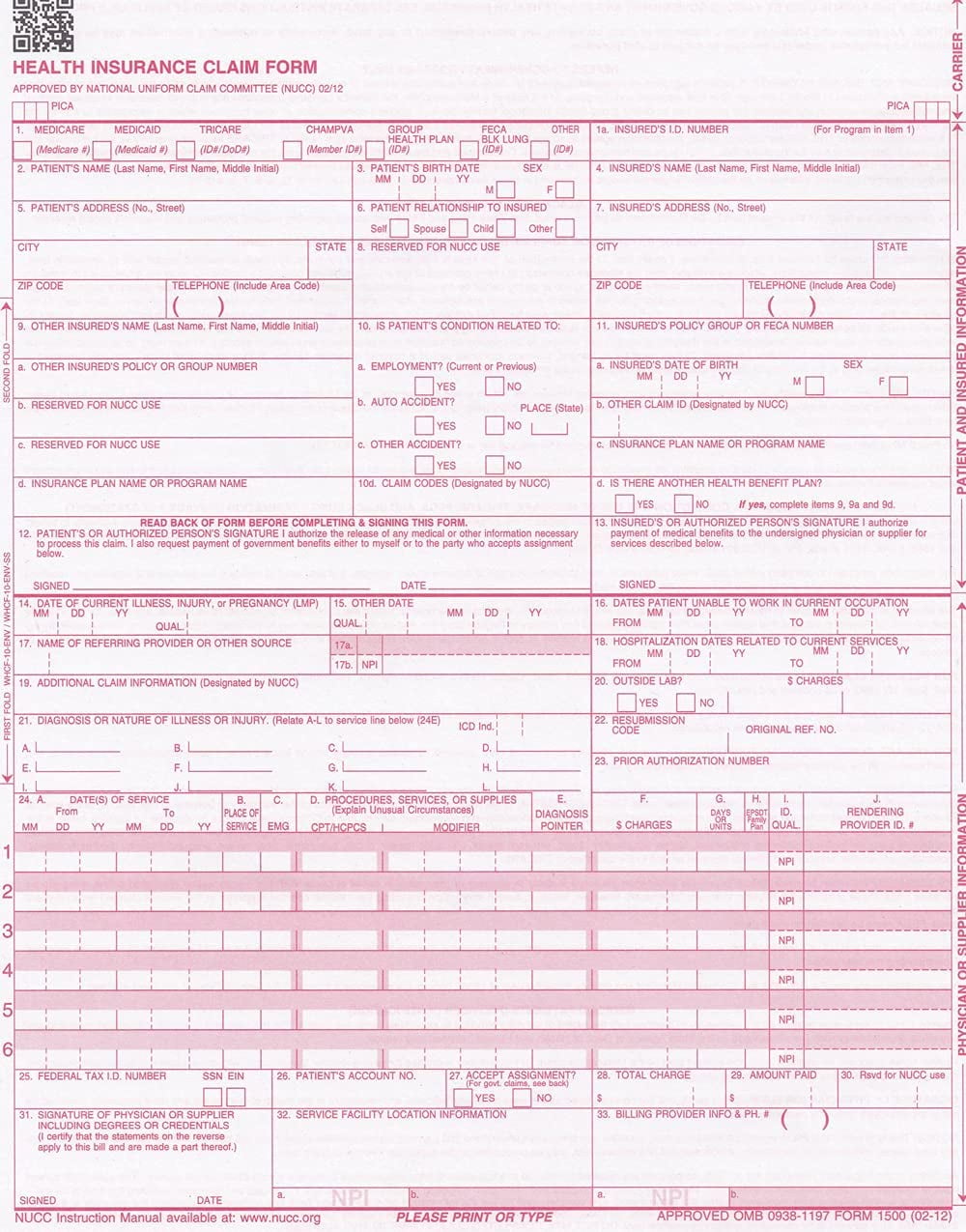 CMS-1500 Laser Printer Medical Claims Form - 2500 Sheets, Revised 02/12 ...
