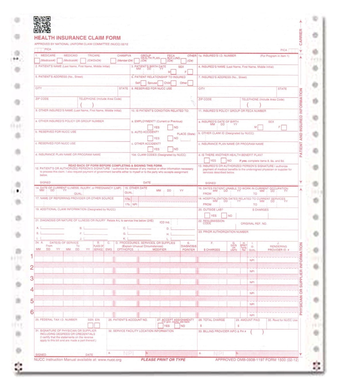 CMS 1500 Medical Claim Forms, 1 Part Continuous White, 9 1/2 X 11 ...