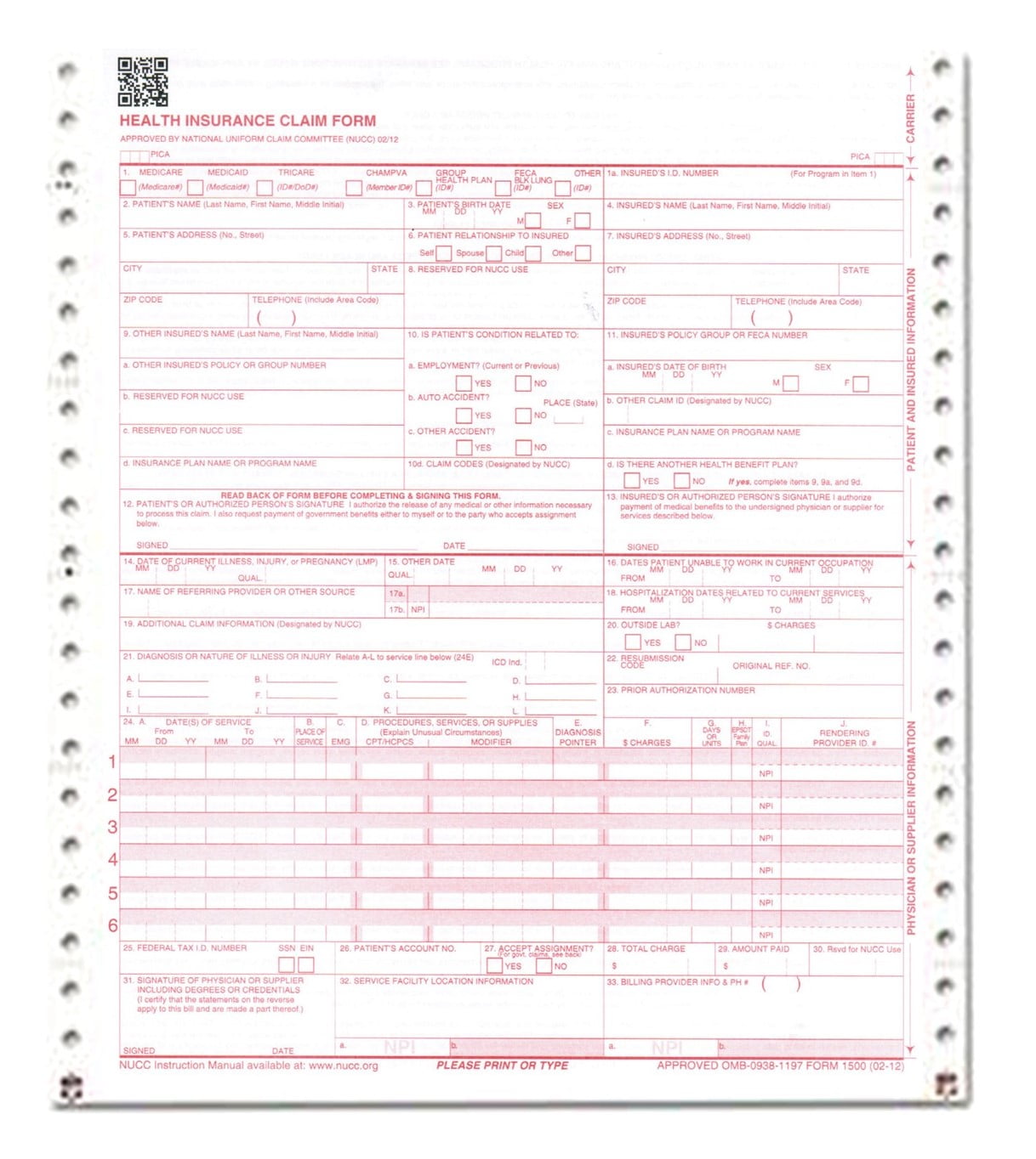 CMS 1500 Medical Claim Forms, 2 Part Continuous White/White, 9 1/2 x 11 ...