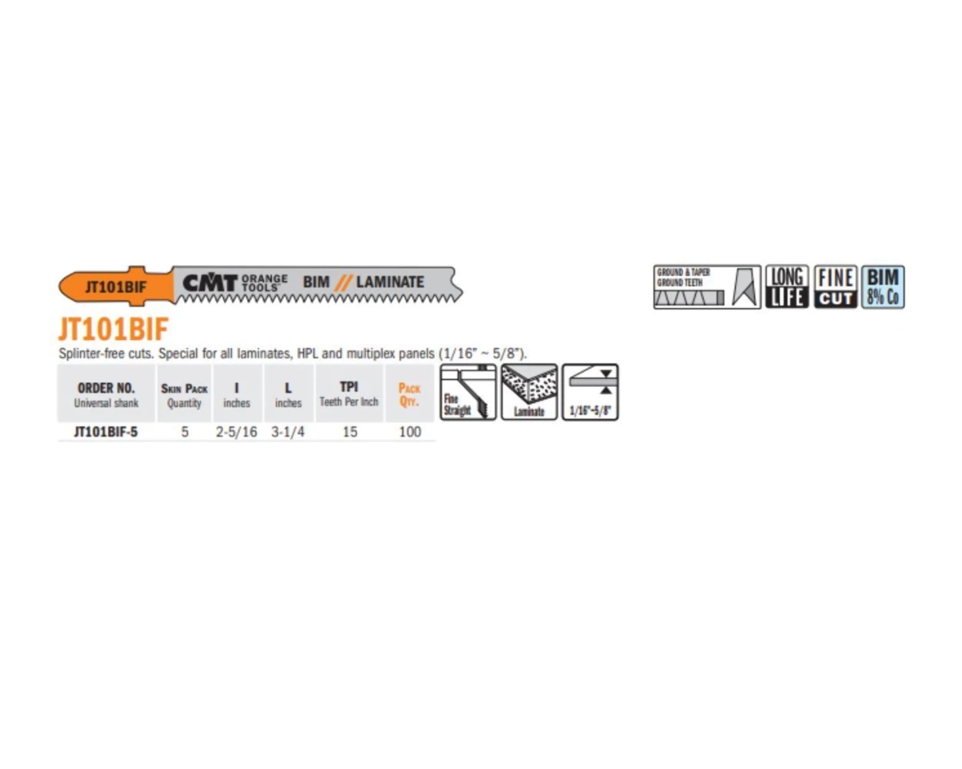 CMT Orange Tool JT101BIF-5 JIG SAW BLADES LAMINATE/FINE STRAIGHT, 5 ...
