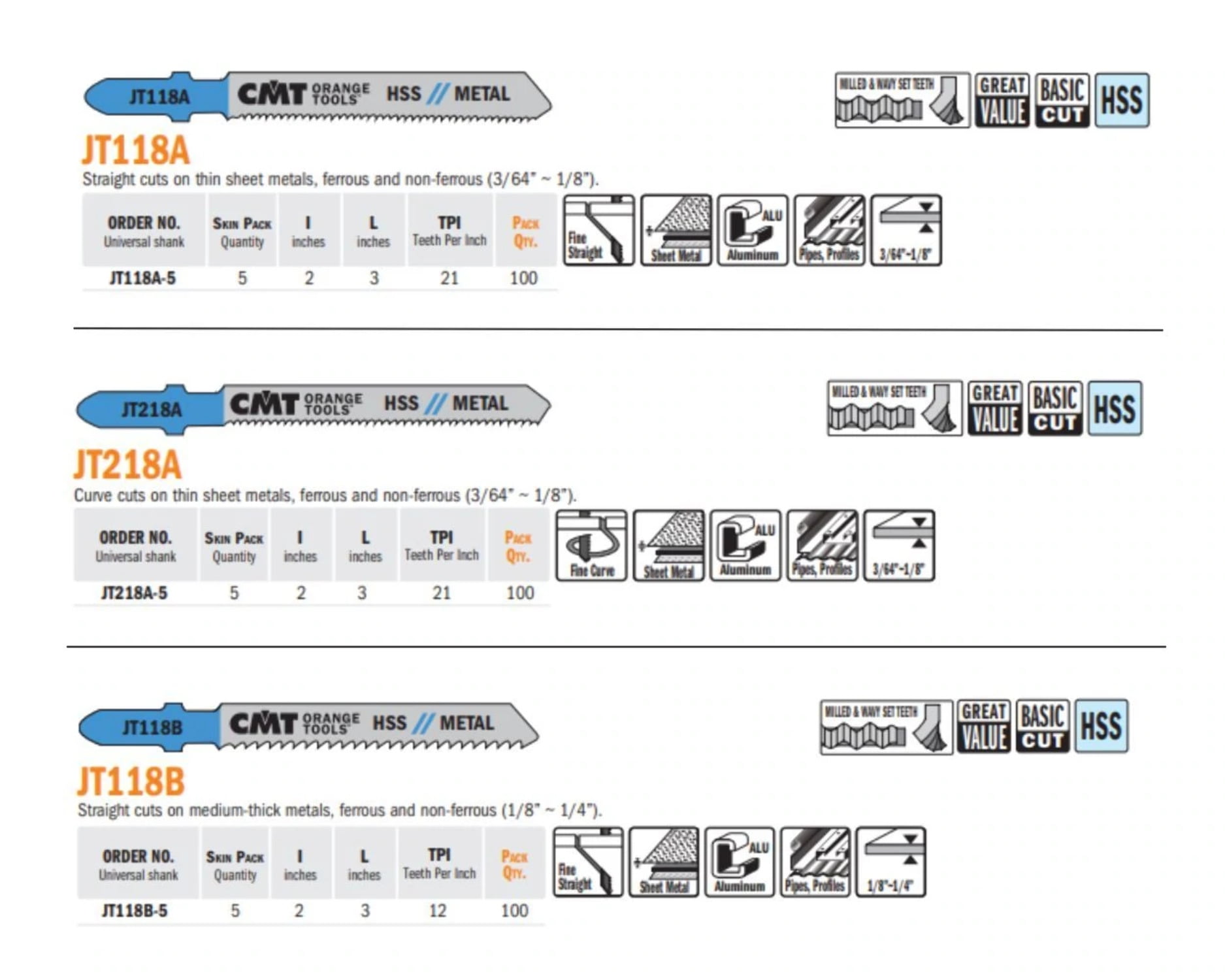 CMT Orange Tool JT118B-5 JIG SAW BLADES METAL/FINE STRAIGHT, 5 Pack ...
