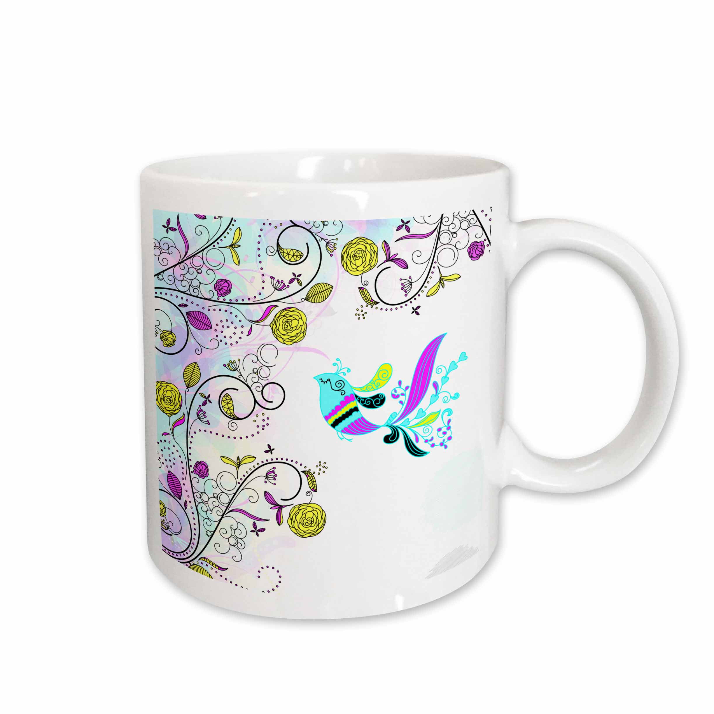 CMYK Color Scheme Modern Floral Flowers and Ornate Whimsical Bird ...
