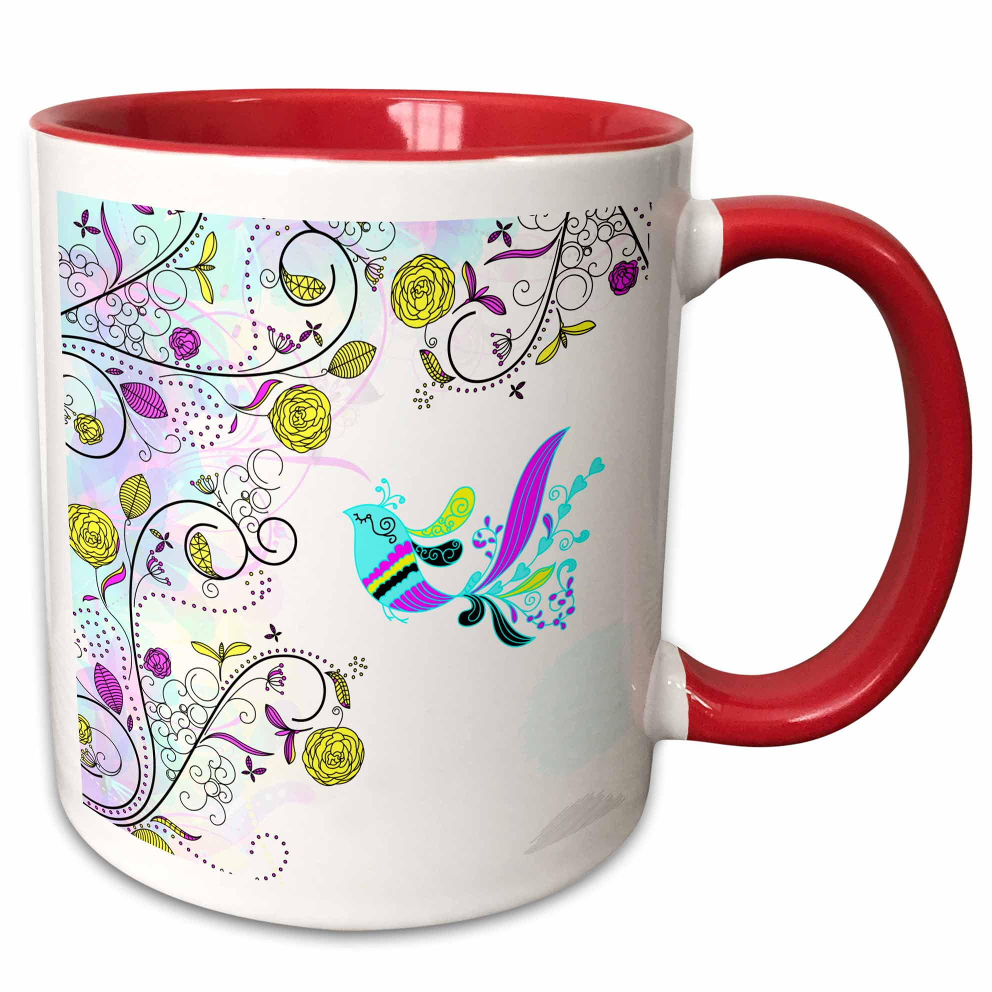 CMYK Color Scheme Modern Floral Flowers and Ornate Whimsical Bird ...