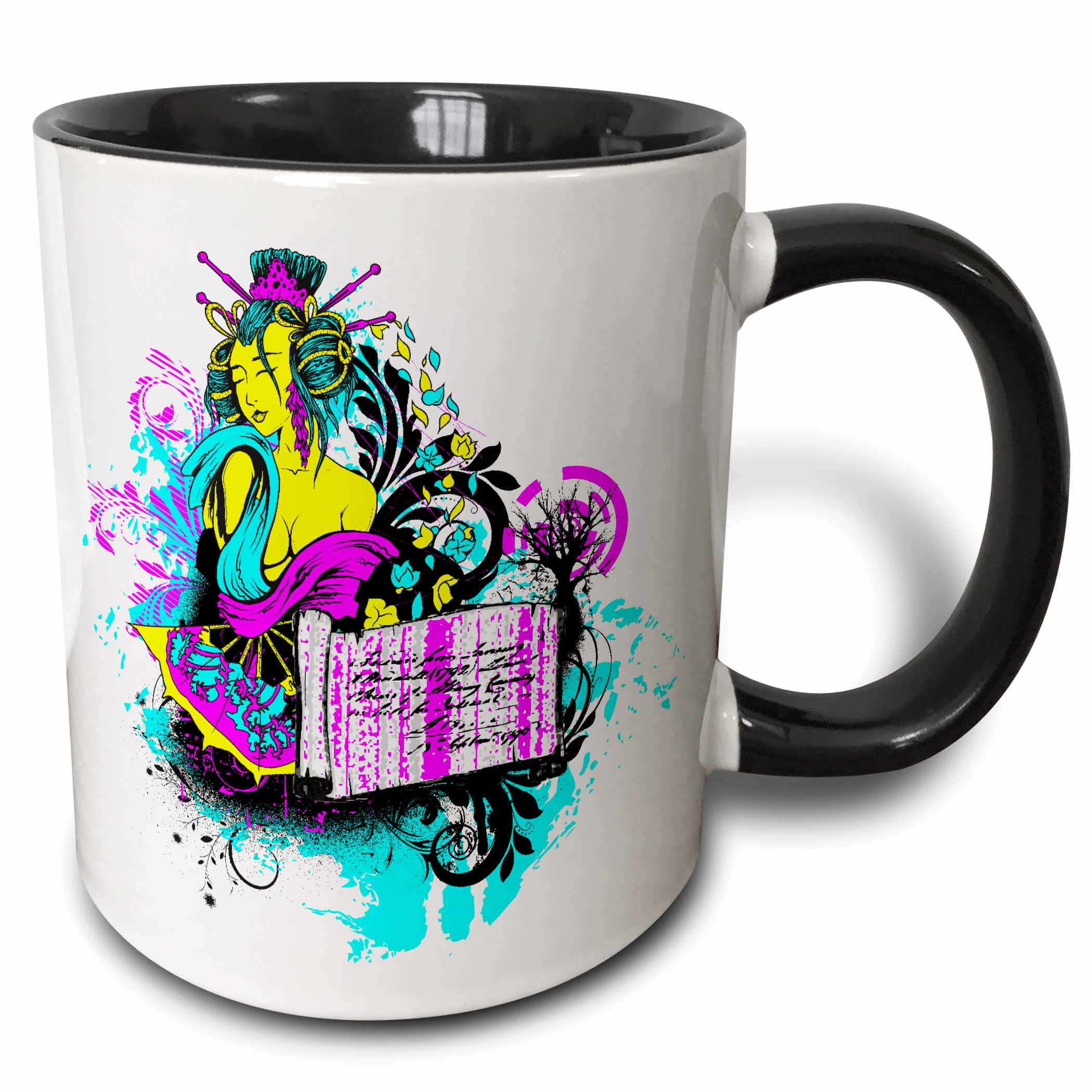 CMYK Japanese Geisha Beaty Illustration Cartoon 11oz Two-Tone Black Mug ...