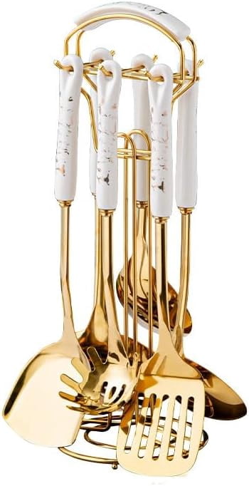CN Luxury Gold Kitchen Utensils Set, 7-Piece Ceramic Handle Cooking ...