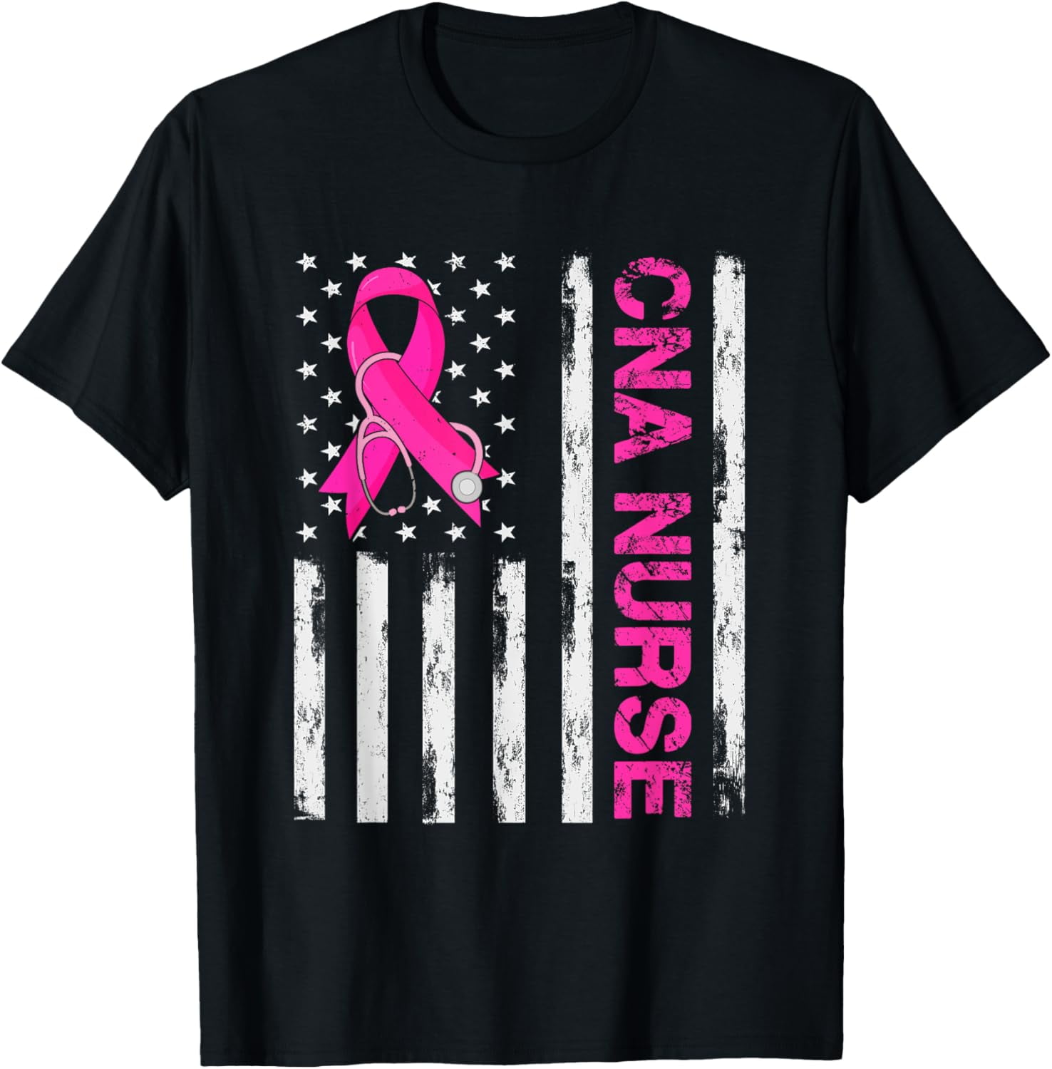 CNA Nurse American Flag Breast Cancer Awareness Pink Ribbon T-Shirt ...