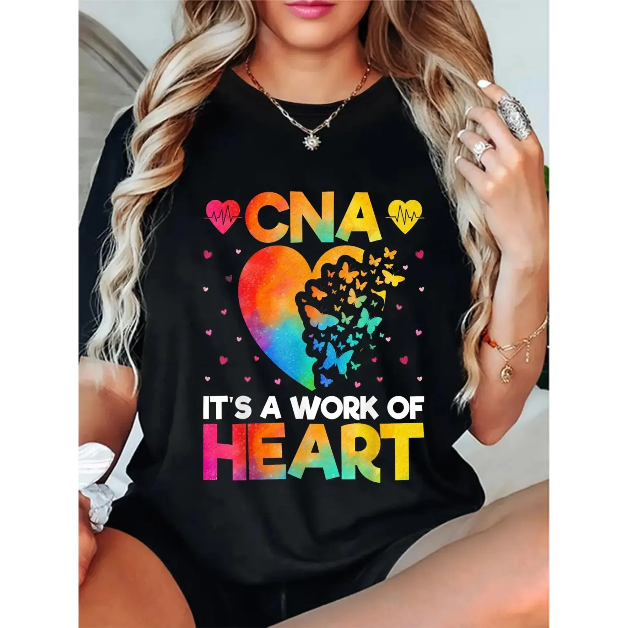 CNA Work of Heart Watercolor Graphic T-Shirt – Funny Round Neck Short ...