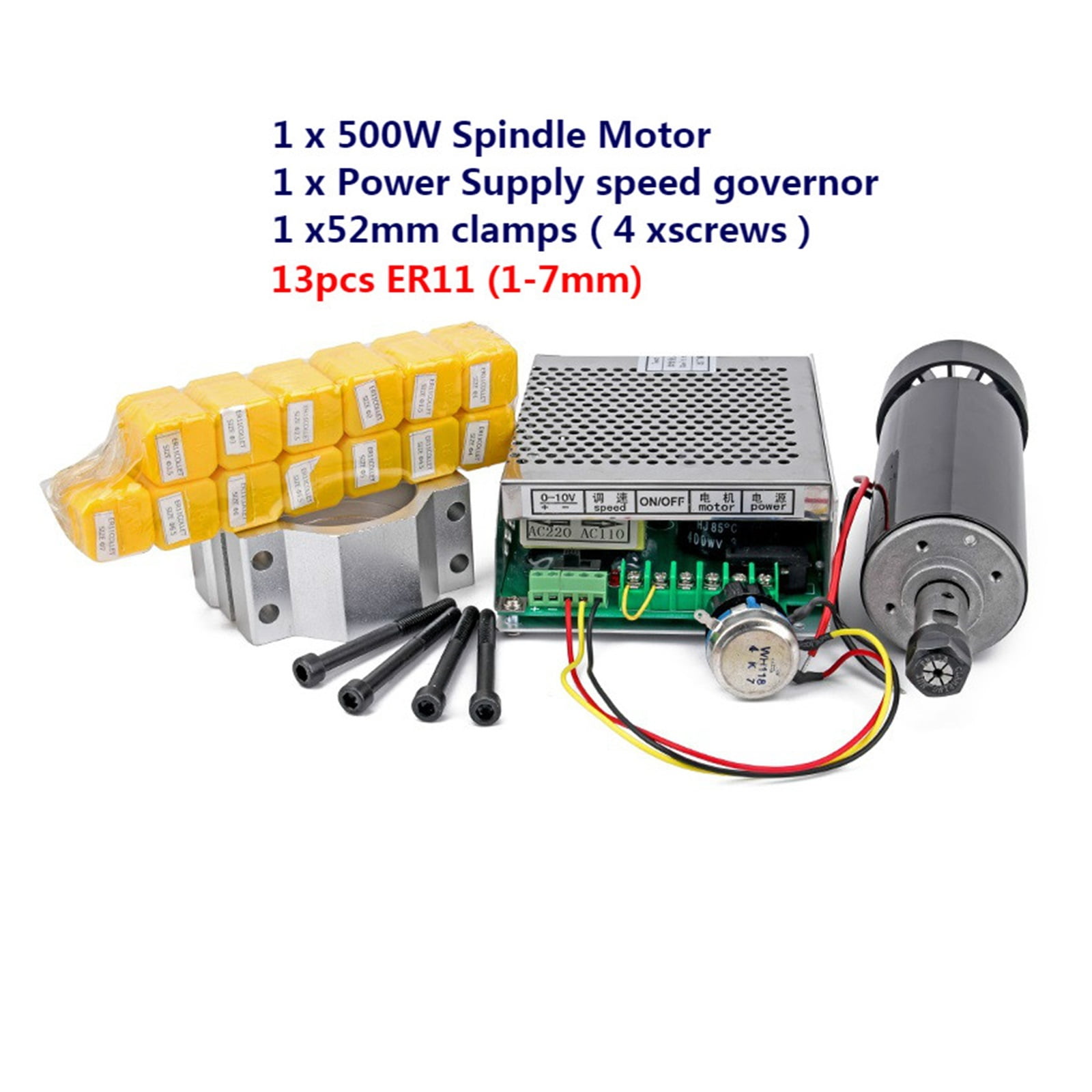 CNC Spindle Motor 0.5kw Air Cooled Spindel ER11 Chuck 500W + 52mm Clamp ...