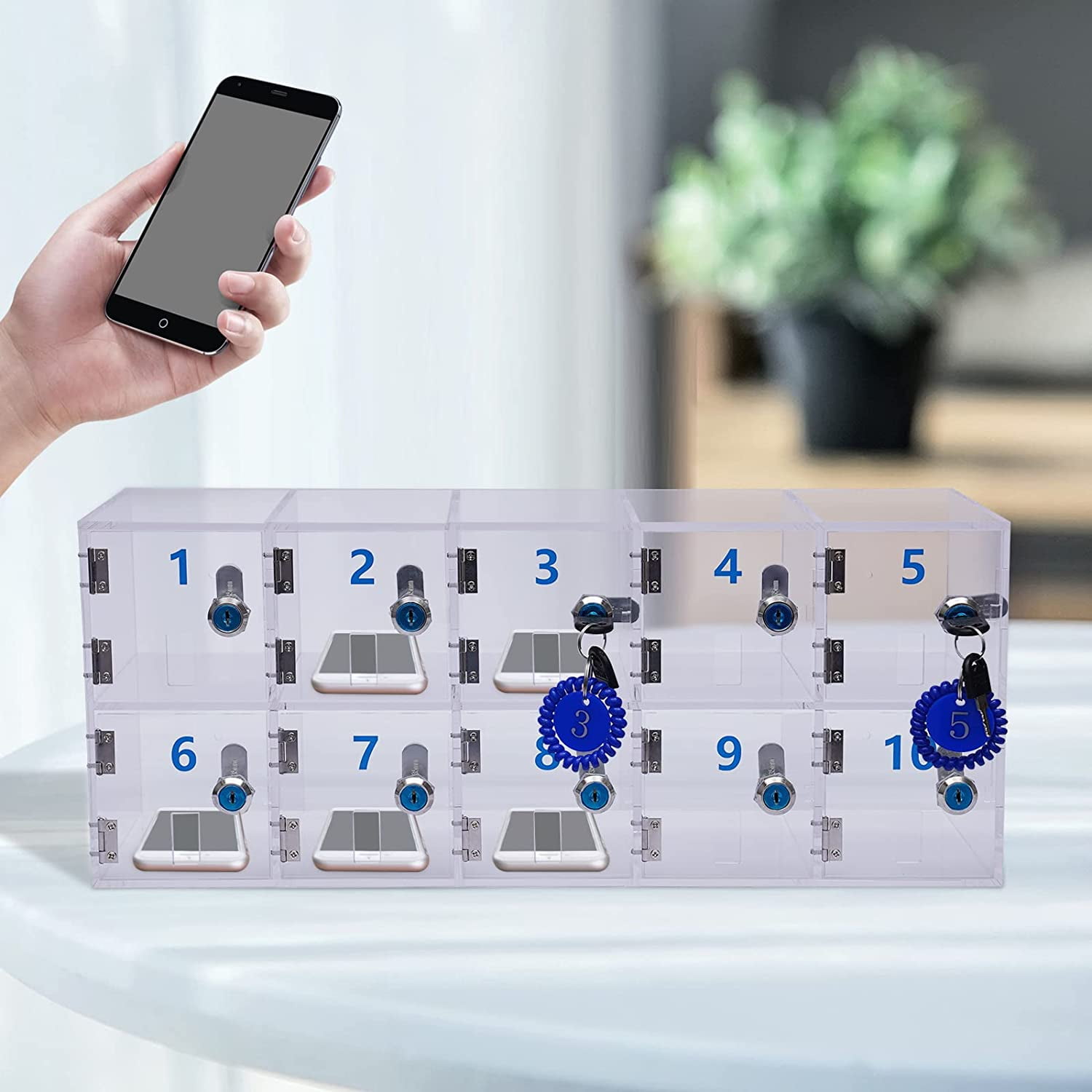 CNCEST 10 Slots Clear Cell Phone Locker Box Cellphones Storage Cabinet ...