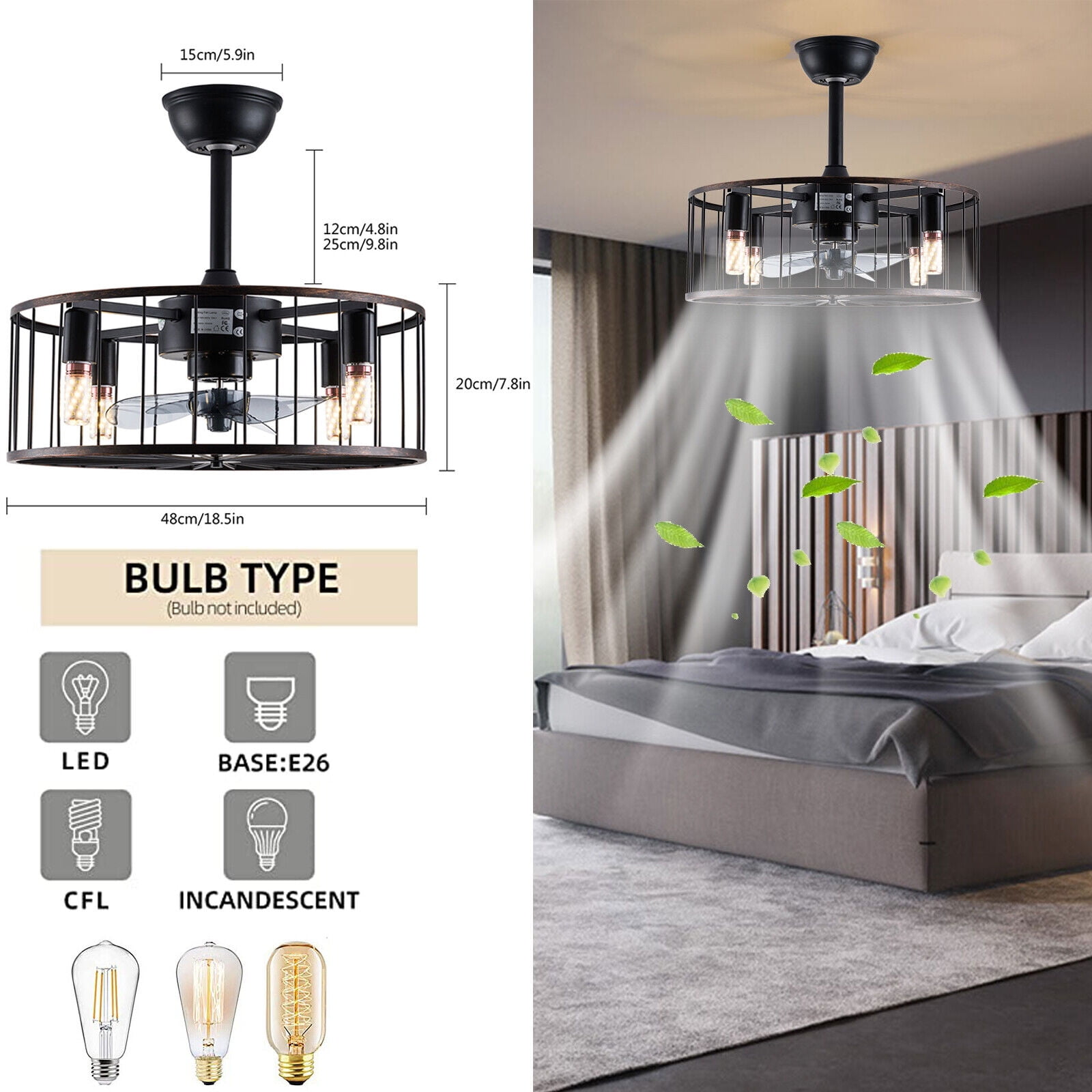 CNCEST 3 Gear Wind Pendant Light Enclosed Ceiling Fan metal Lampshade ...