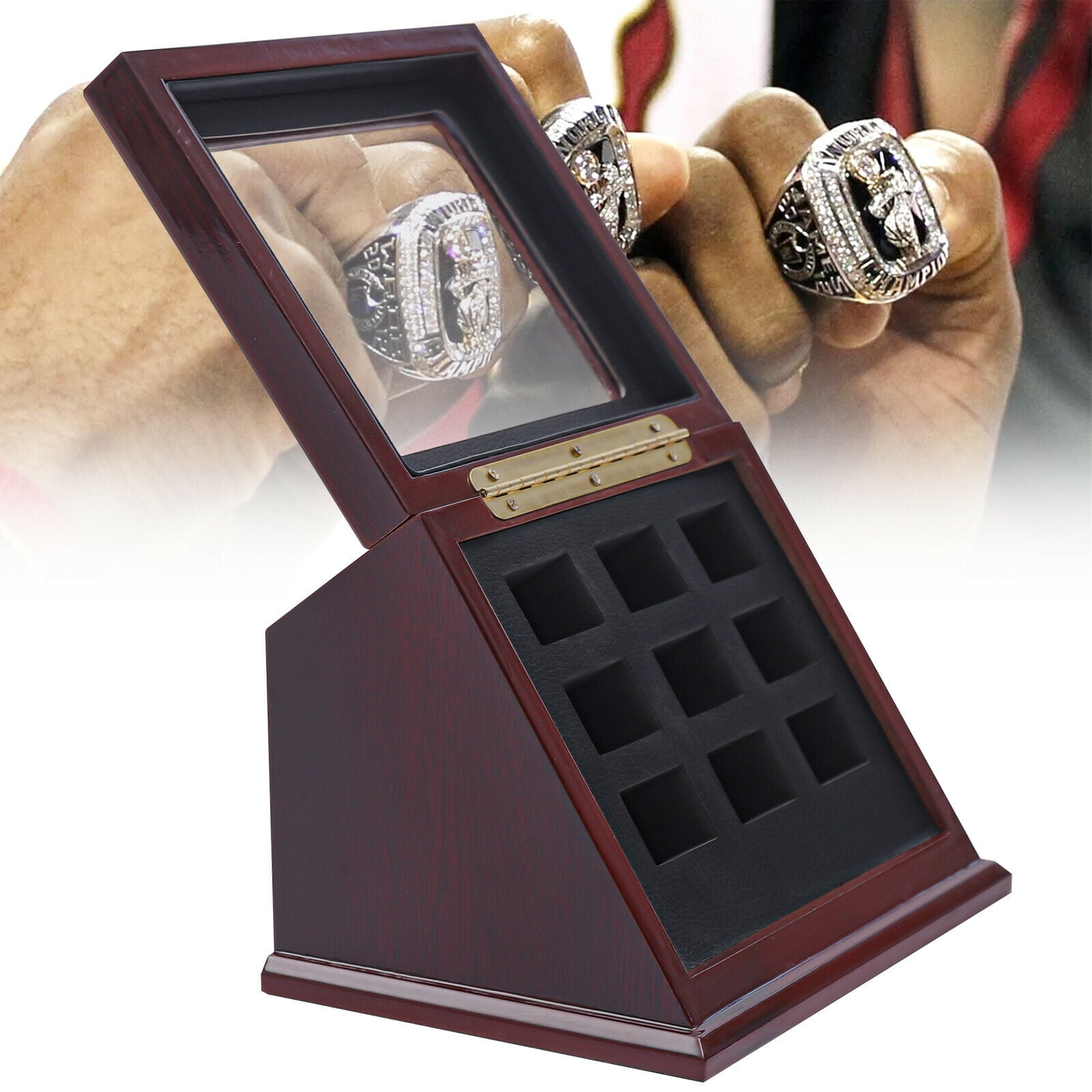 CNCEST 9 Holes Championship Ring Display Case Box Wooden Collection ...
