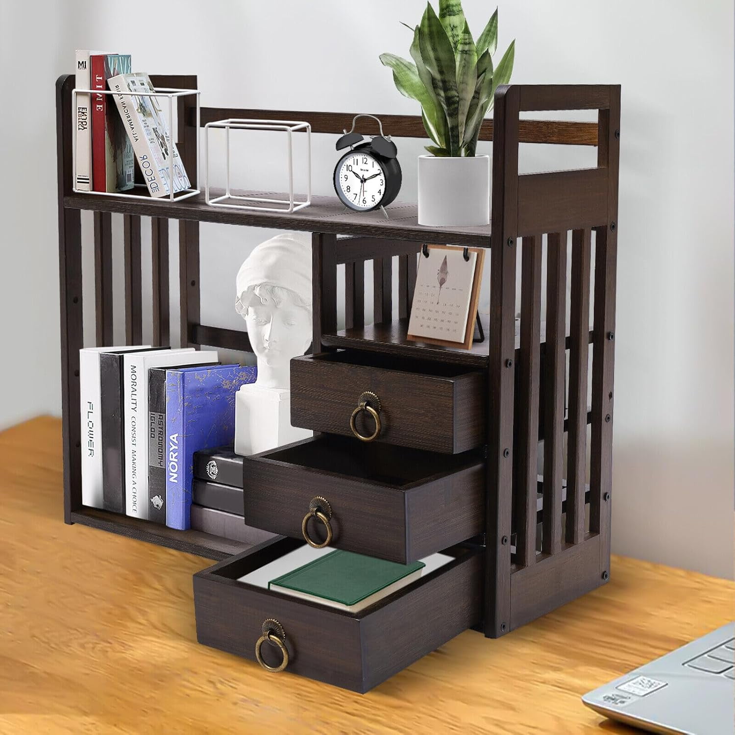 CNCEST Bamboo Tabletop Bookshelf, 3 Drawers Desktop Bookcase ...