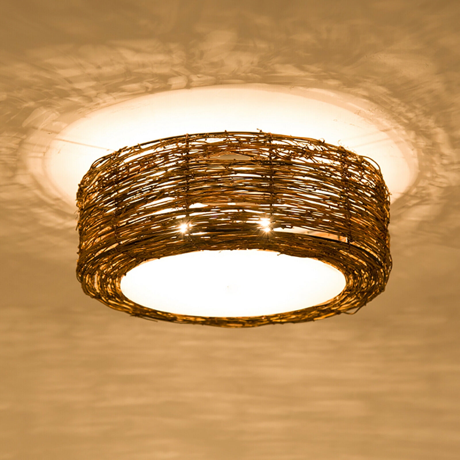 CNCEST Bamboo Wicker Rattan Lantern Ceiling Light Fixture Flush Mount ...