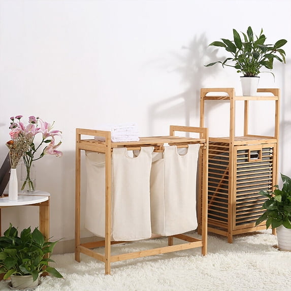 CNCEST Laundry Basket Bamboo Laundry Hamper Dual Compartments Laundry ...