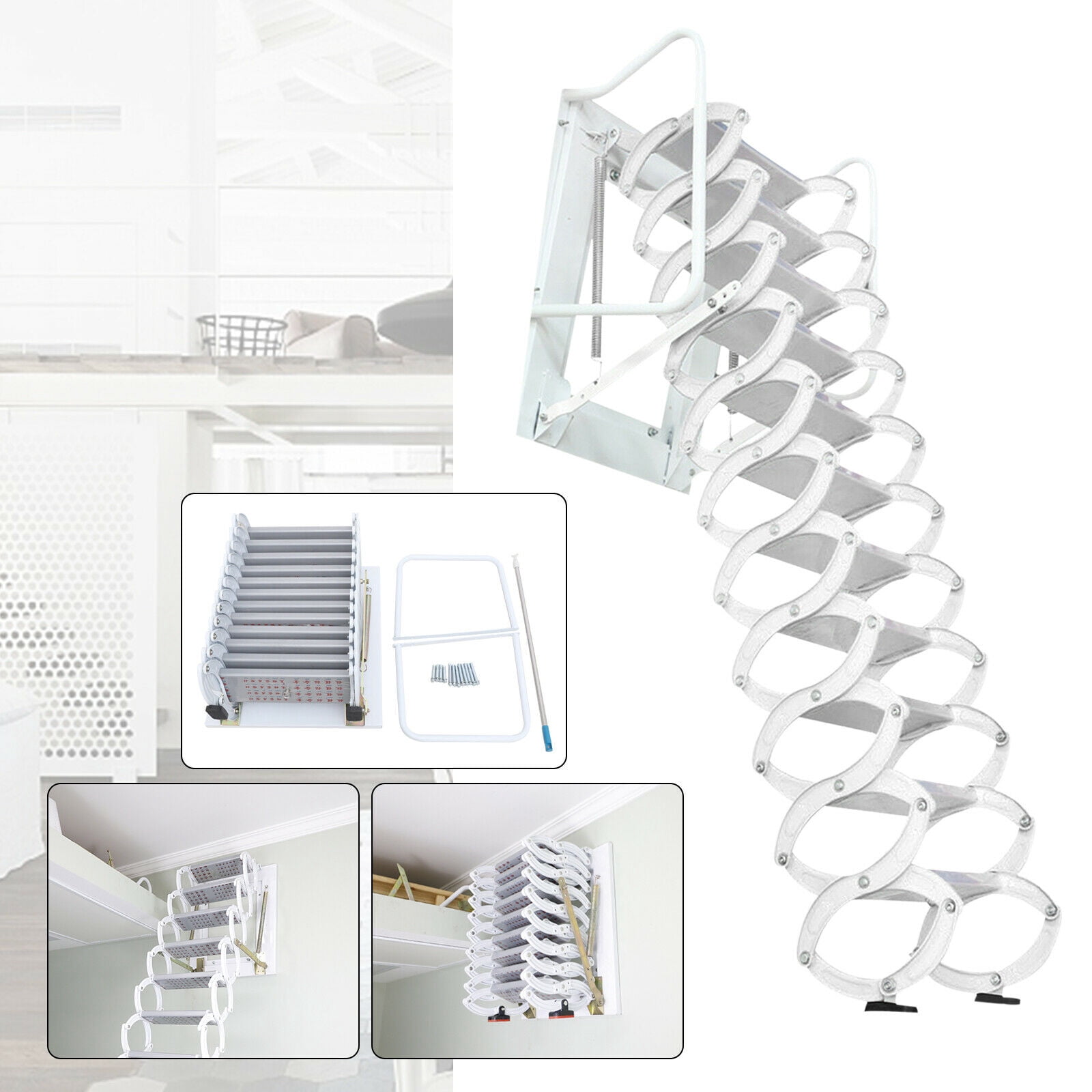 CNCEST Wall Mounted Telescopic Ladder Foldable Stairs Attic Step Ladder ...