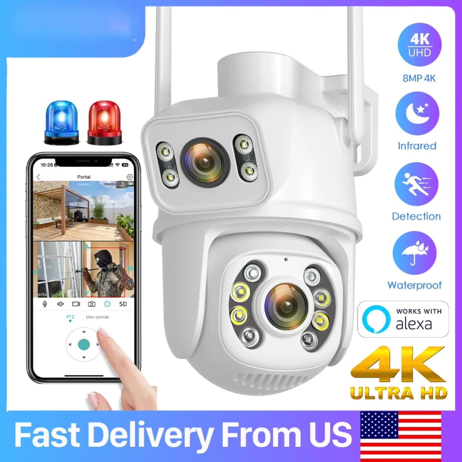 CNGSHAM 8MP 4K Wifi Security Camera Dual Lens Dual Screens Surveillance ...