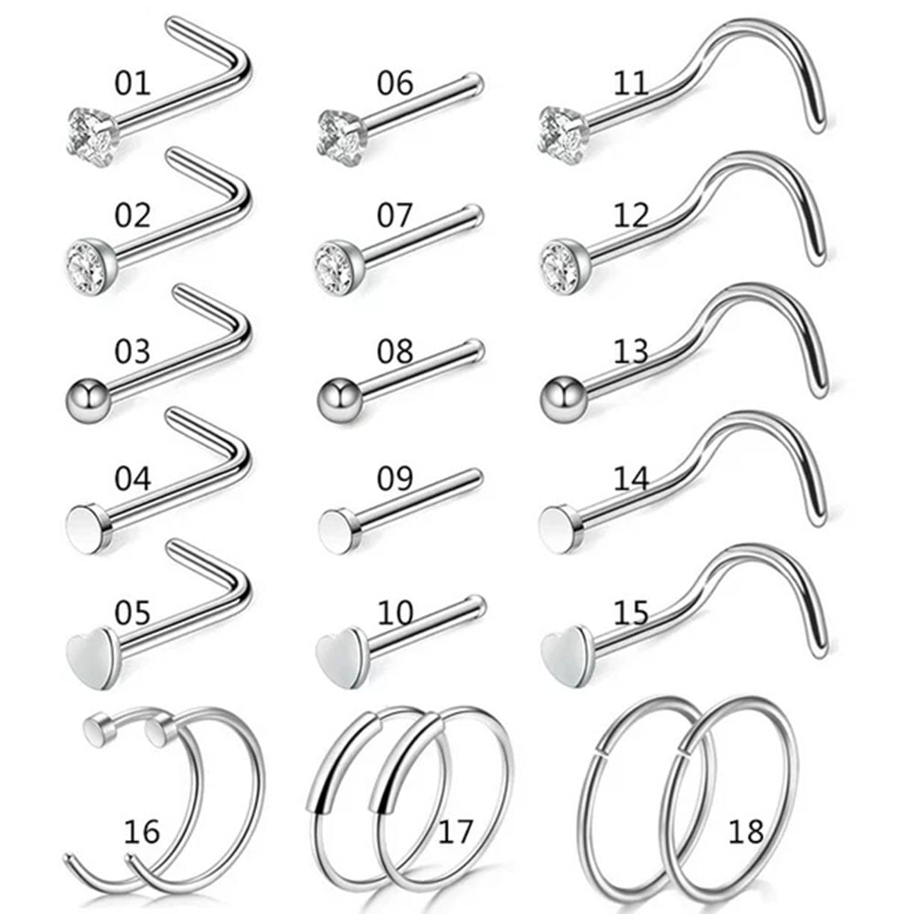 CNKOO 20G Nose Rings Set 21 Pcs Bone Screw L Shaped Nose Studs ...