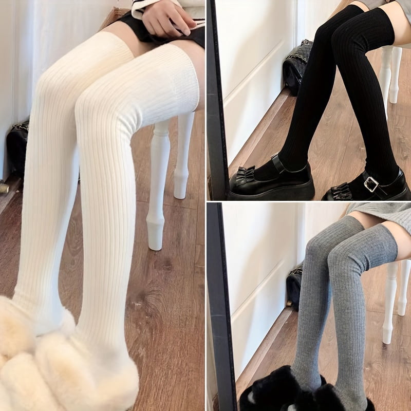 CNKOO 3 Pairs Ribbed Thigh High Socks Warm All-match Over The Knee ...