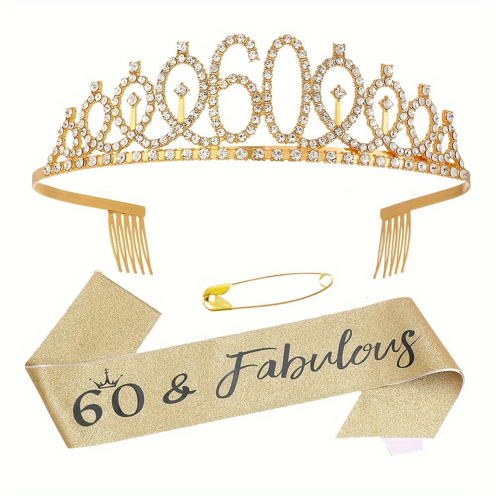 CNKOO ”60th Birthday Celebration Party Pack - 2-Piece Set with Crystal Tiara Crown and Sash ””60 ...