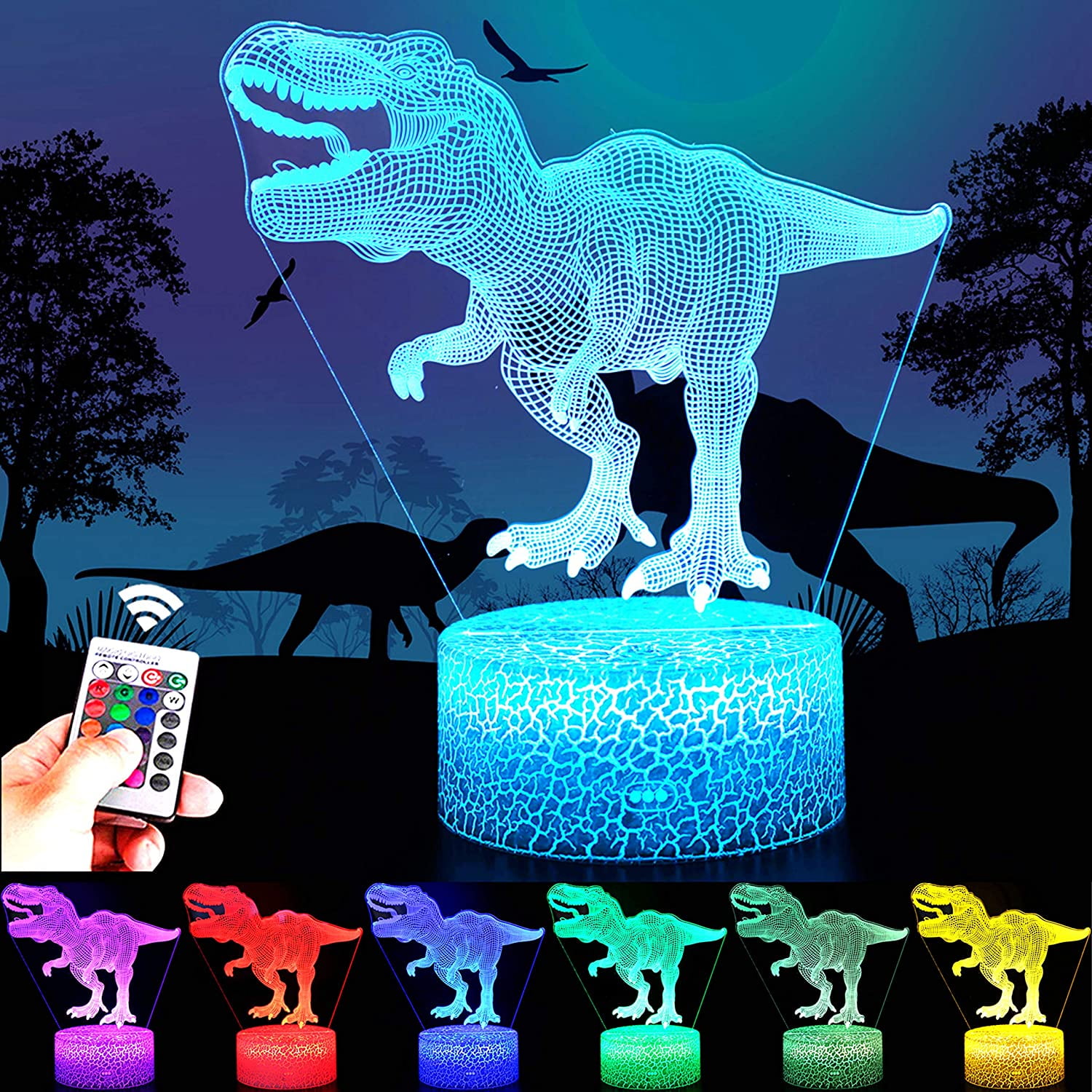 CNKOO Dinosaur Toys, 16 Colors Children 3D Illusion Bedside Lamp Remote ...