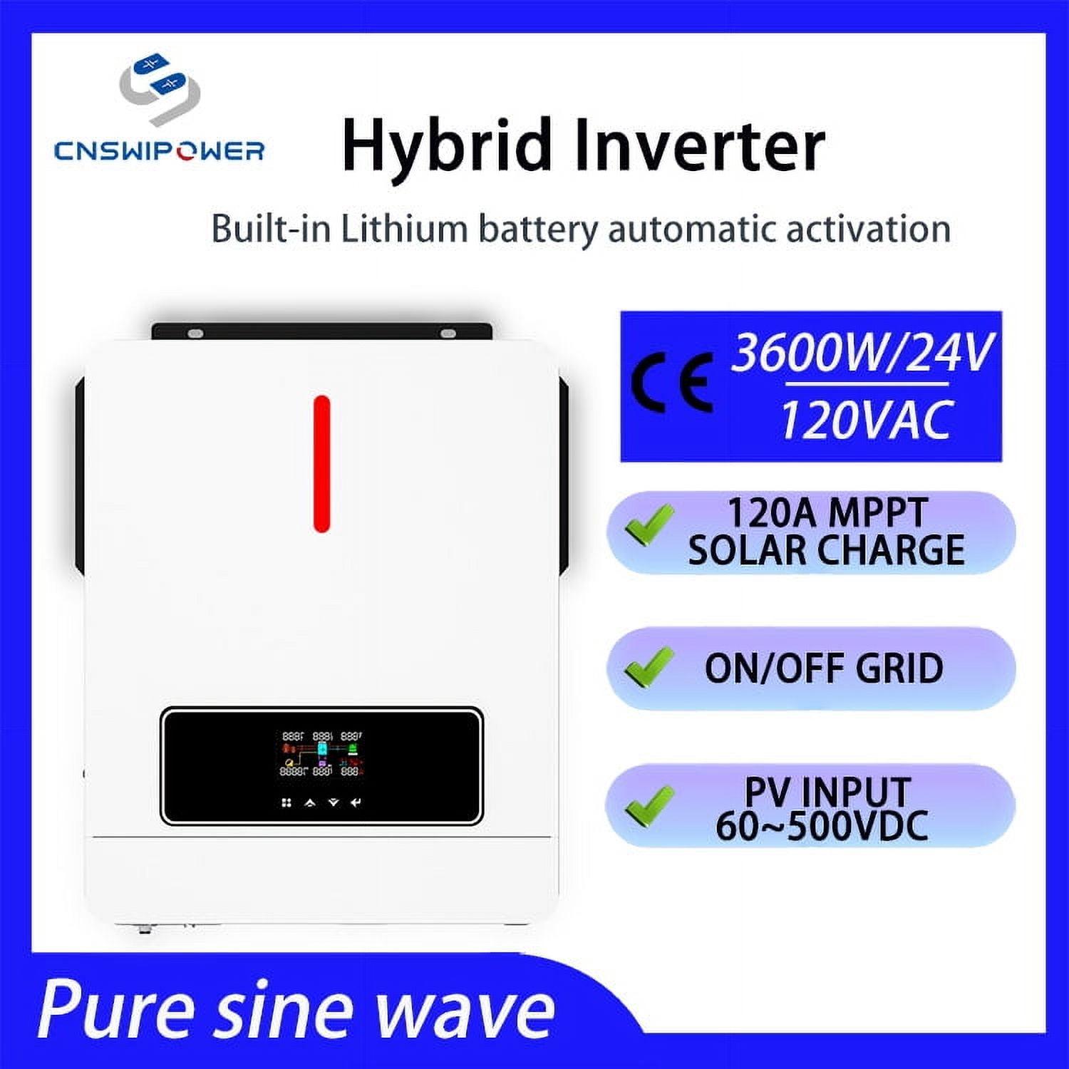 CNSWIPOWER 3600W Hybrid Inverter,24V DC to 110V/120V AC,Pure Sine Wave ...