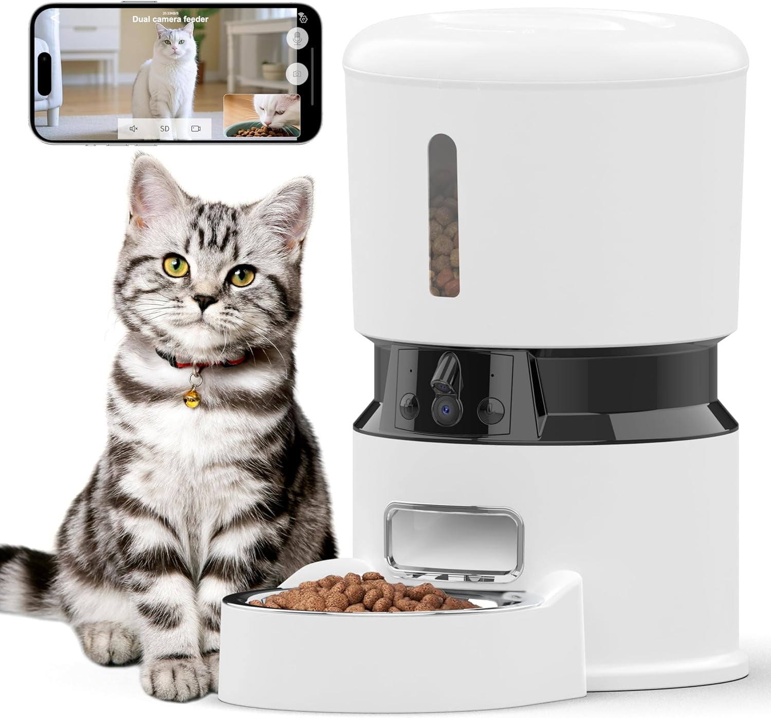 CNV Automatic Cat Feeder 2 Cameras 1080P 5GHz WiFi Timed Programmable ...