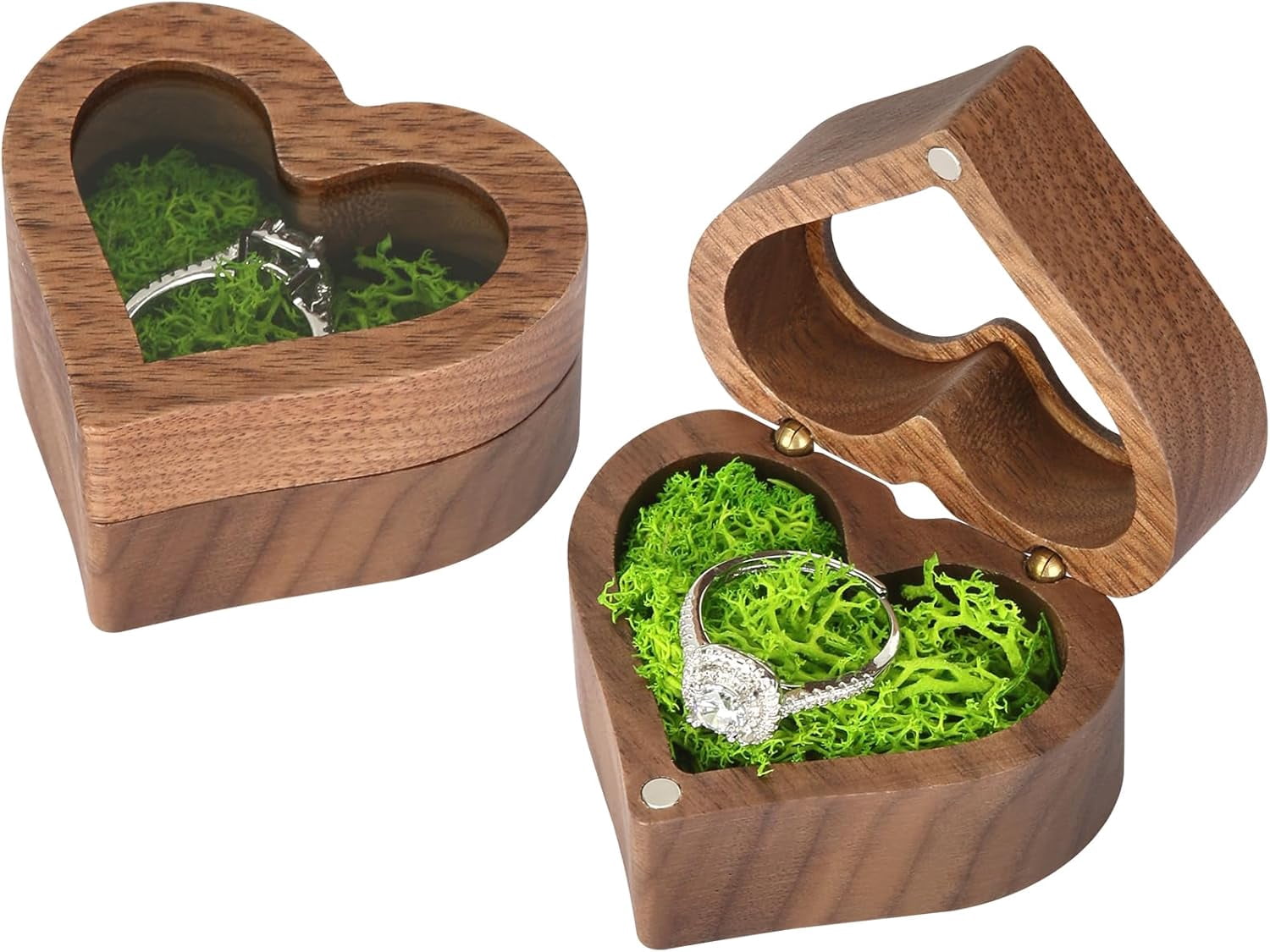 CNV Professional Heart Shaped Wooden Ring Box with Transparent Cover, 2 ...