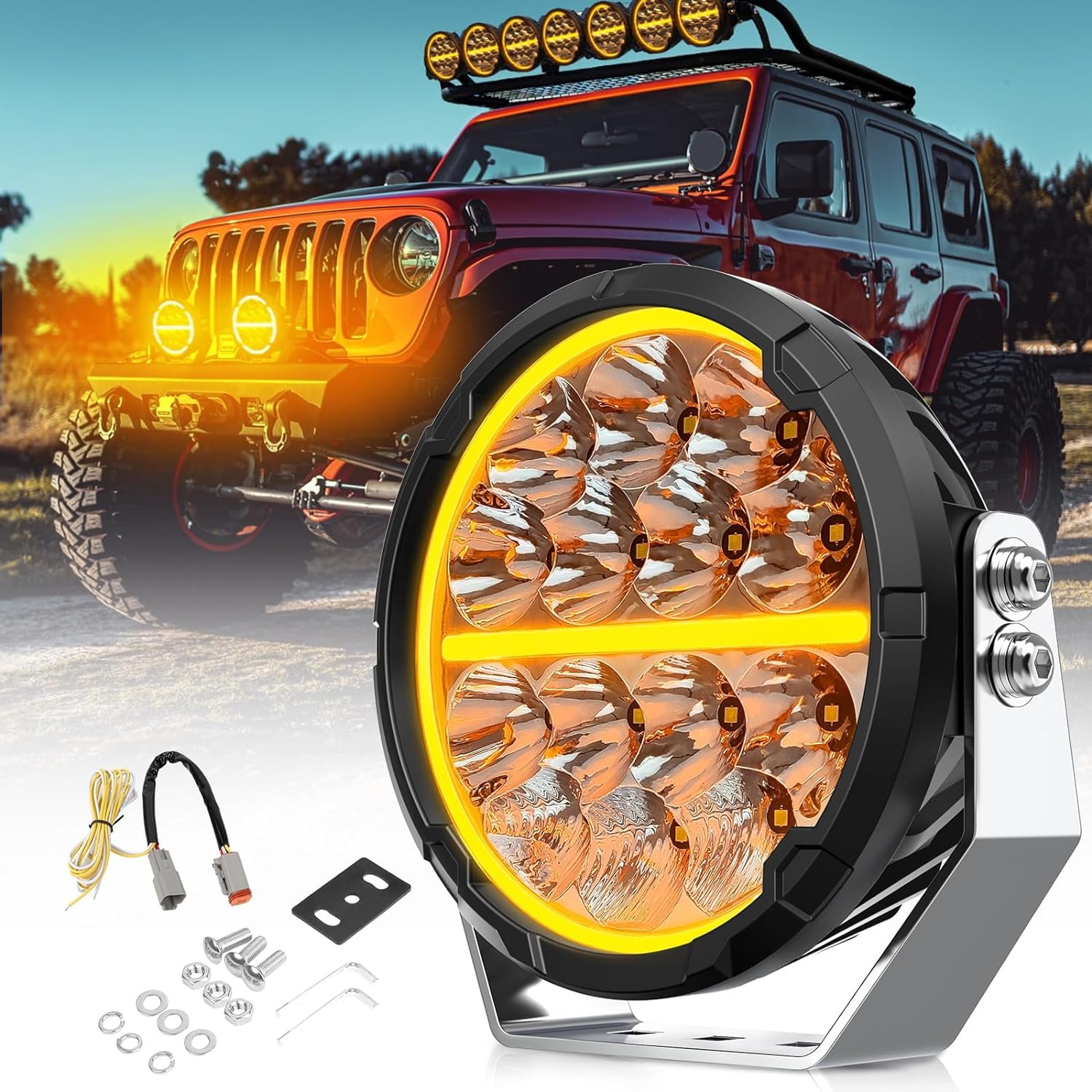CO LIGHT 1PC Round LED Offroad Lights 6.5 in 70W with White & Amber DRL ...