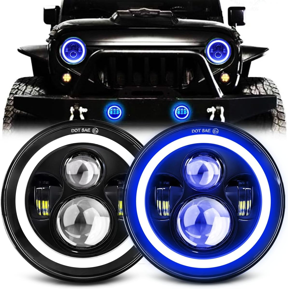 ‎CO LIGHT 2PCS 7 Inch LED Headlights with Blue Halo Ring Amber Turn ...