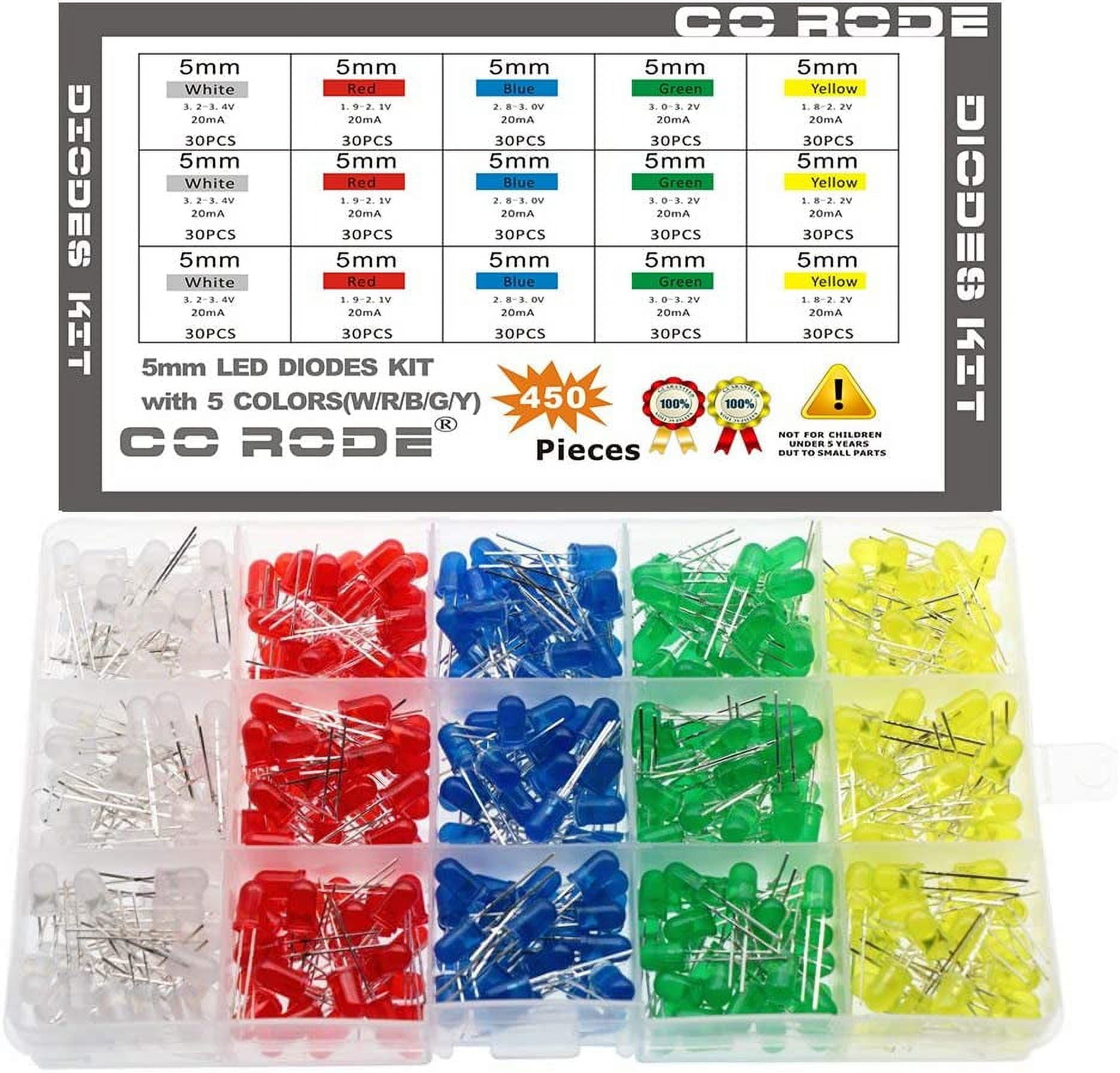 CO-RODE 450pcs 5mm LED Diodes Kit for Arduino, DIY, Repair - White ...