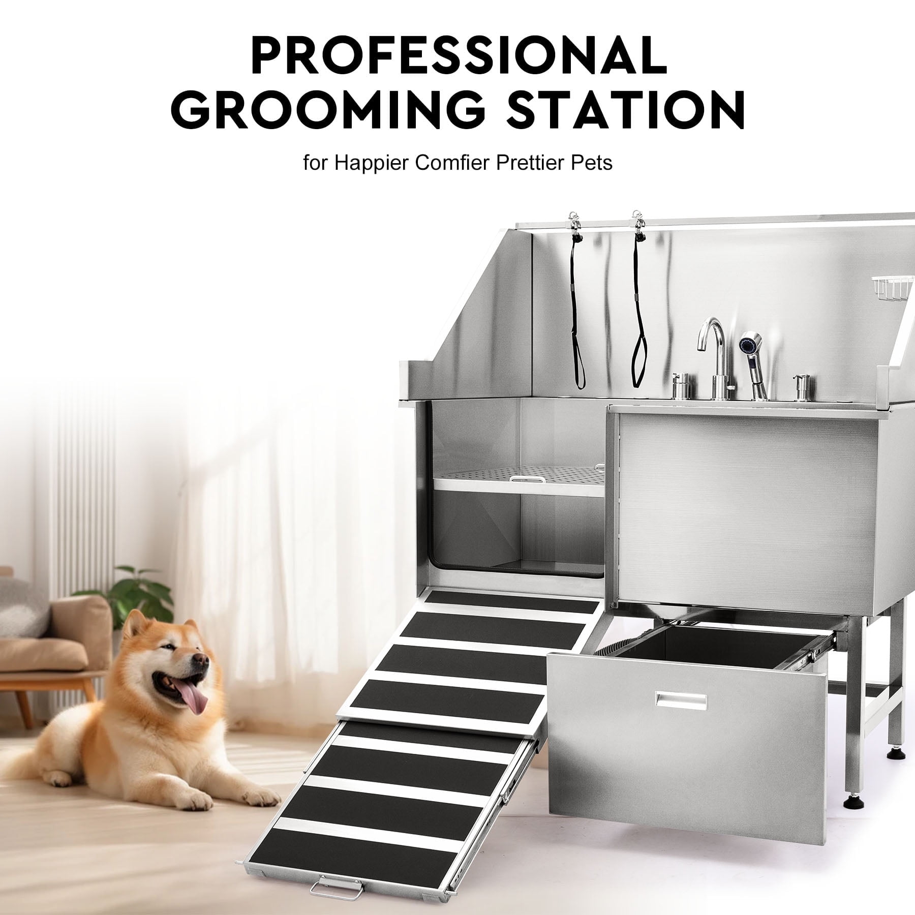 CO-Z 50 in Dog Grooming Tub with Nonskid Retractable Ramp for Large ...