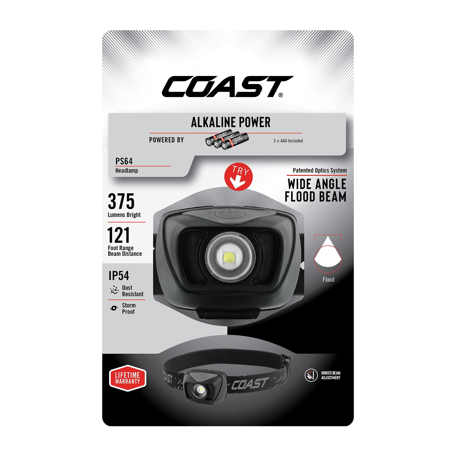 COAST PS64 375 Lumen Wide Angle Flood Beam LED Headlamp, 3 x AAA ...