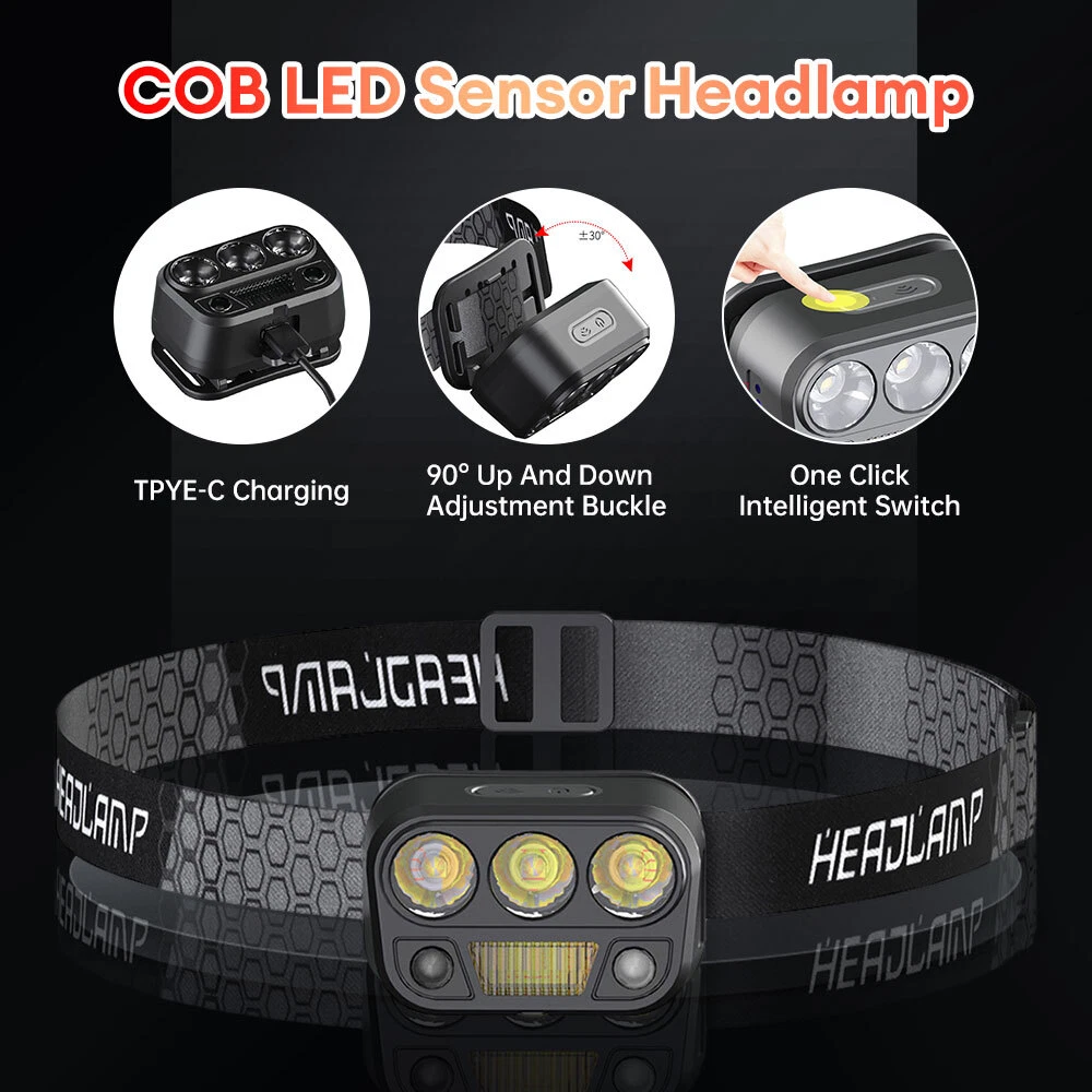 COB LED Headlamp USB Rechargeable Headlight Torch Work Light Bar Head ...