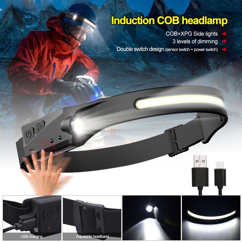 COB LED Headlamp USB Rechargeable Headlight Torch Work Light Bar Head ...