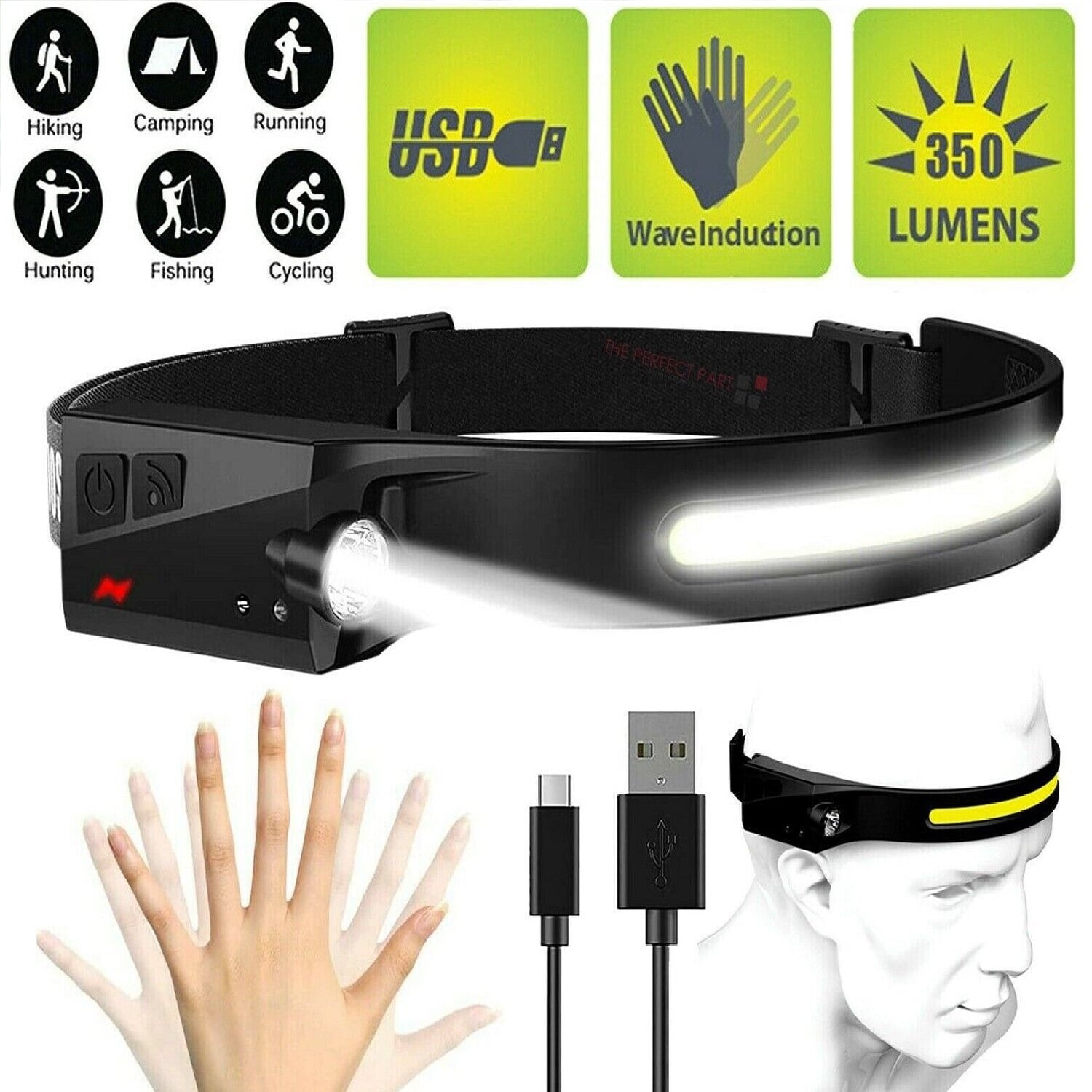 COB LED Headlamp USB Rechargeable Headlight Torch Work Light Bar Head Band Lamp - Walmart.com