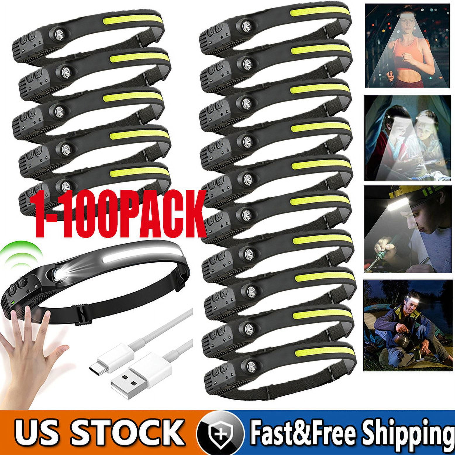 COB LED Headlight USB Charging Headlight Work Light Bar Headband Light ...