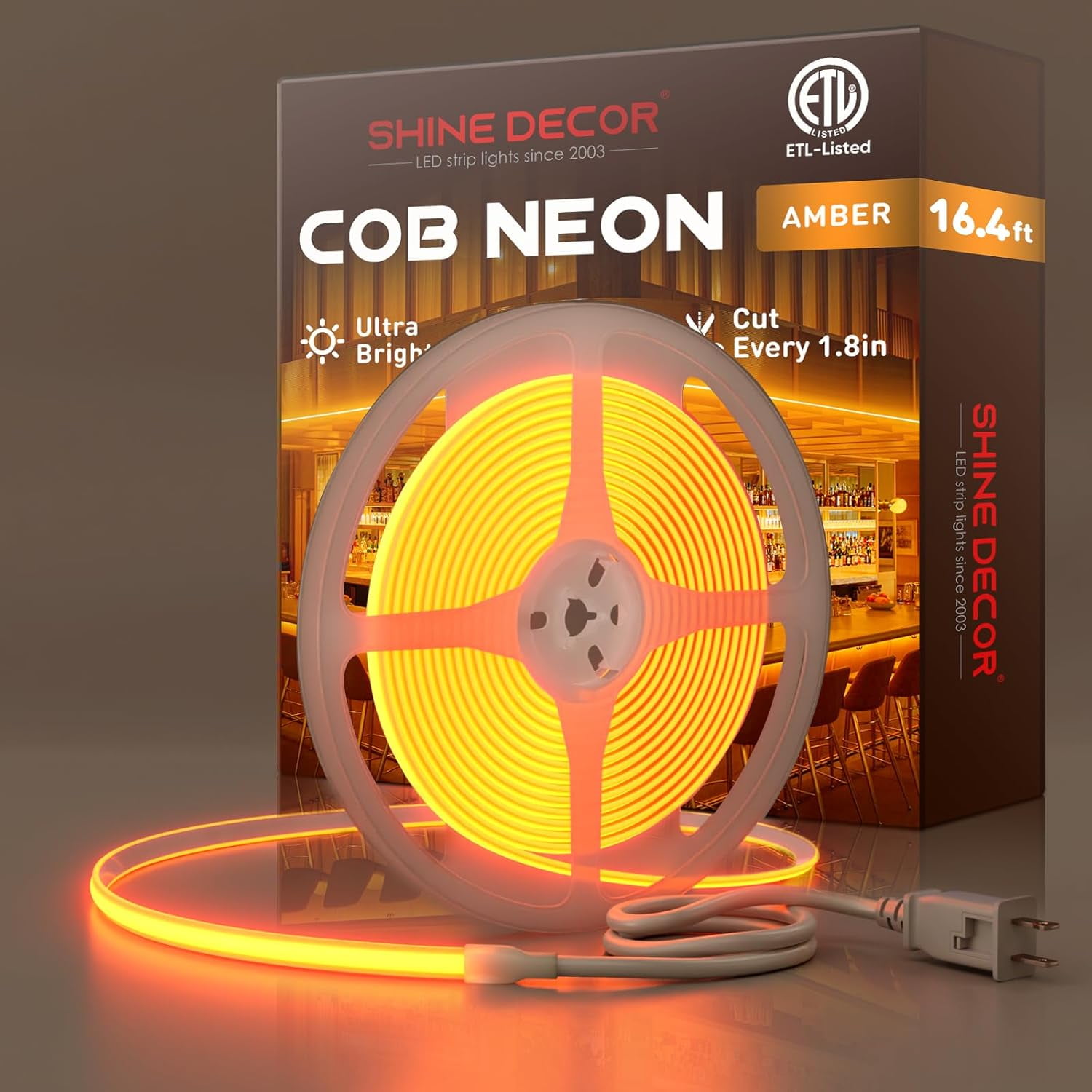 COB LED Neon Rope Light AC110-120V 16.4ft, 800lm Ultra Bright(Amber ...