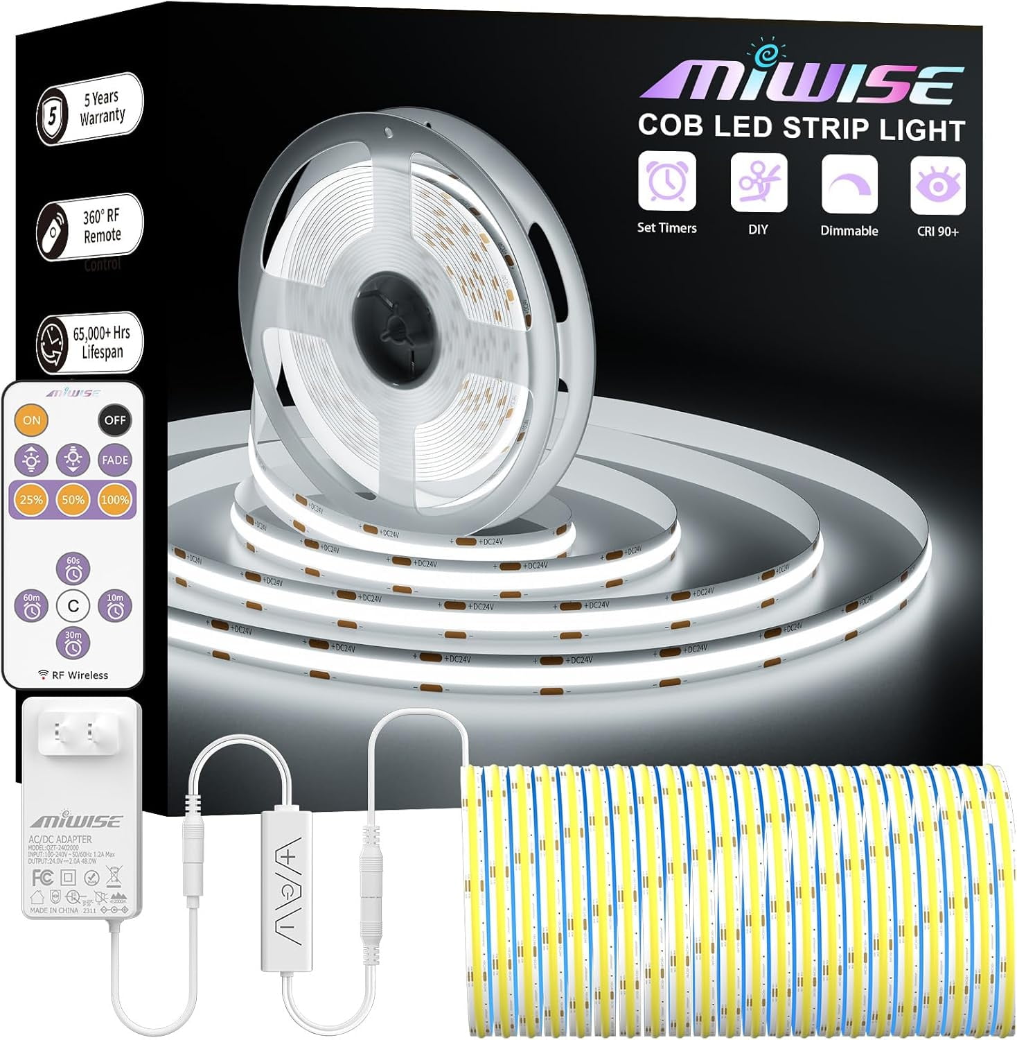 COB LED Strip,6000K Daylight White 20ft/6.1m,Dimmable Super Bright 24V ...