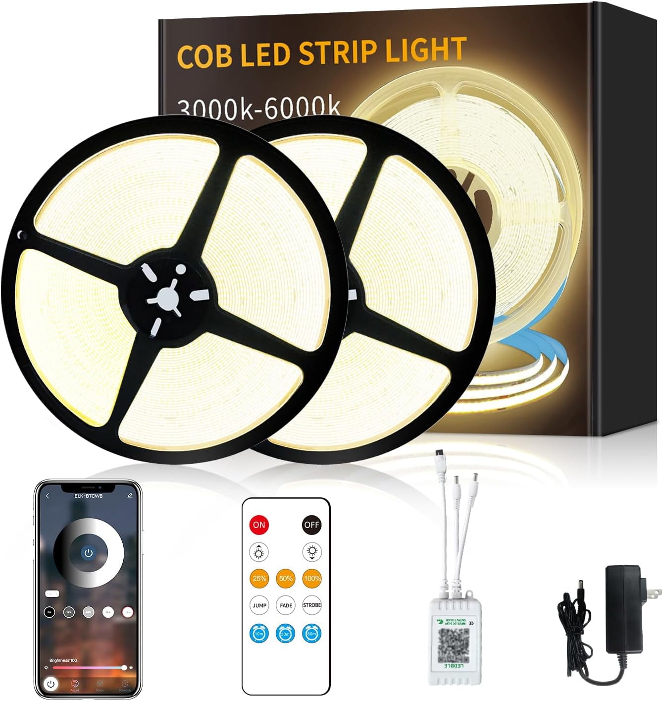 COB LED Strip Lights 100ft,3000K DC 24V Dimmable Warm White Flexible ...