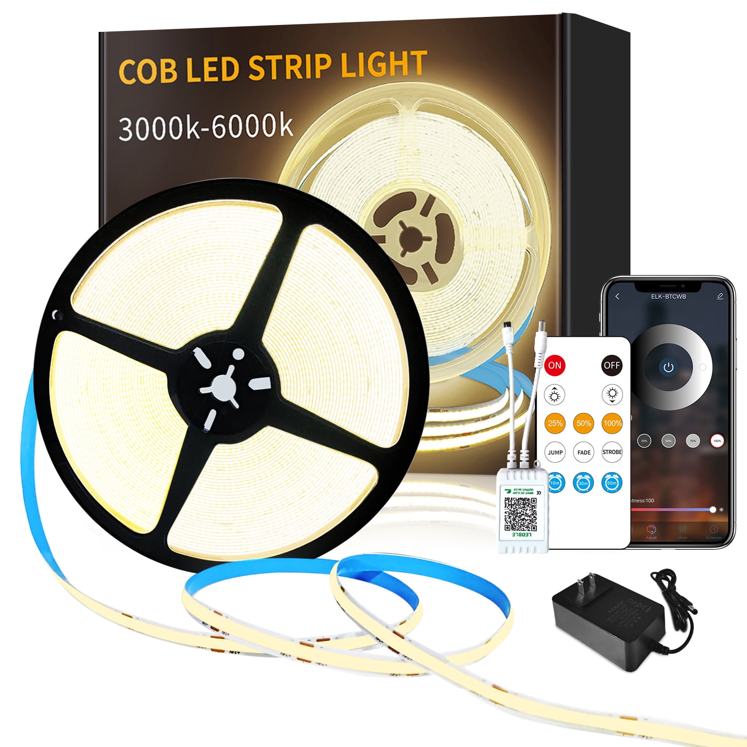 COB LED Strip Lights 3000K 65.6ft DC 24V Dimmable White Flexible LED ...