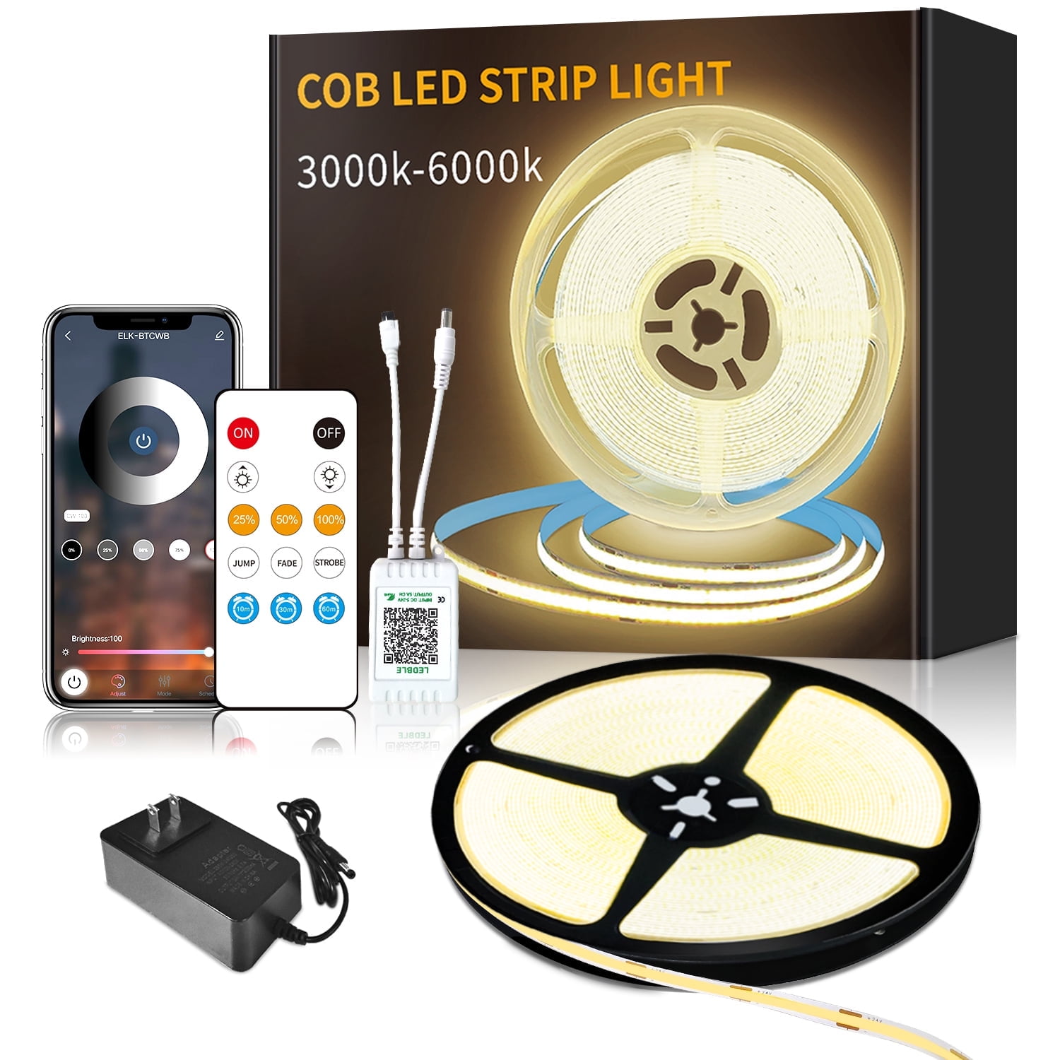 COB LED Strip Lights 32.8ft,3000K DC 24V Dimmable Warm White Flexible ...