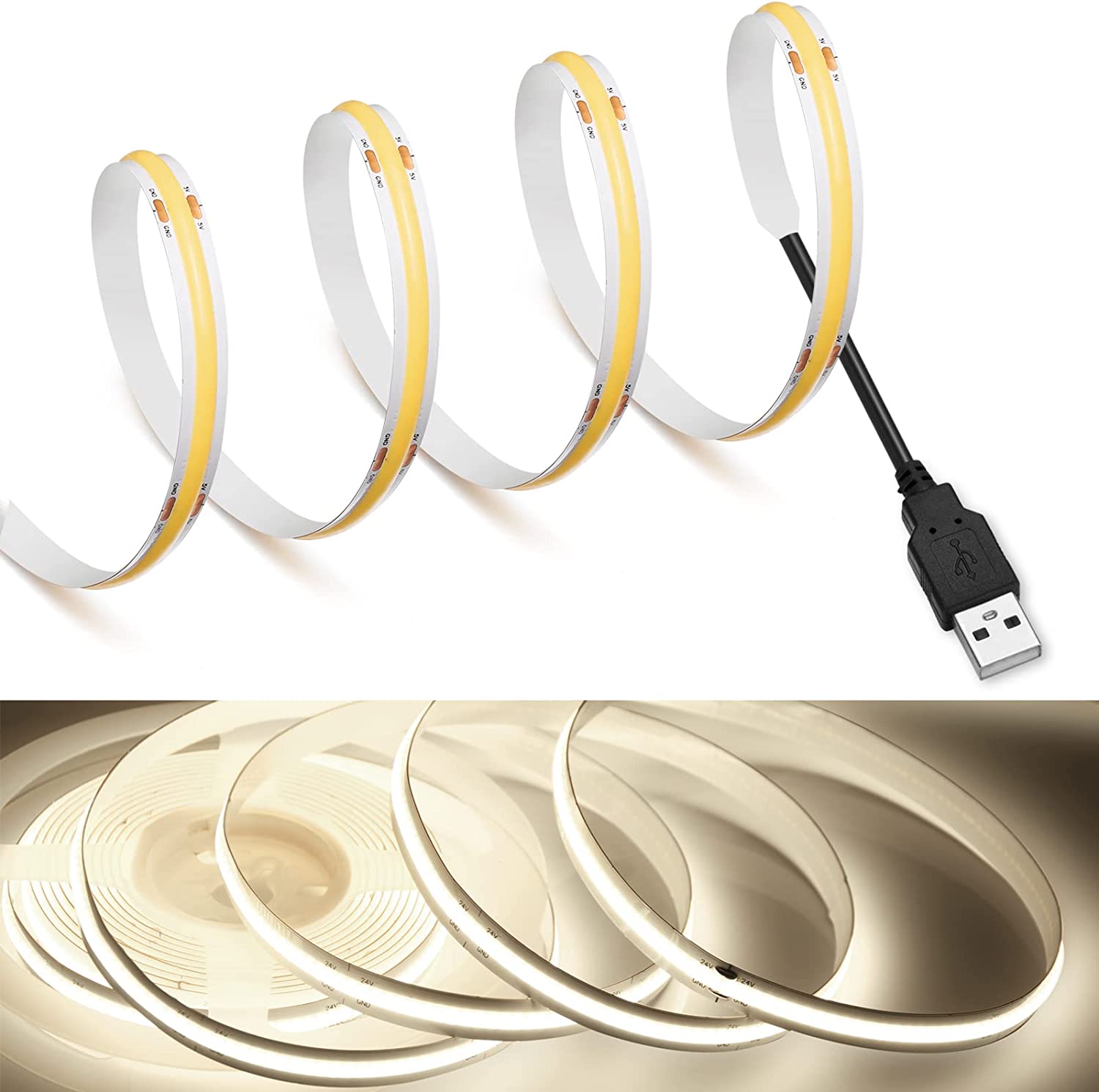 COB LED Strip Lights 4000K Nature White USB Powered 5V Flexible LED Tape Lights with USB ...