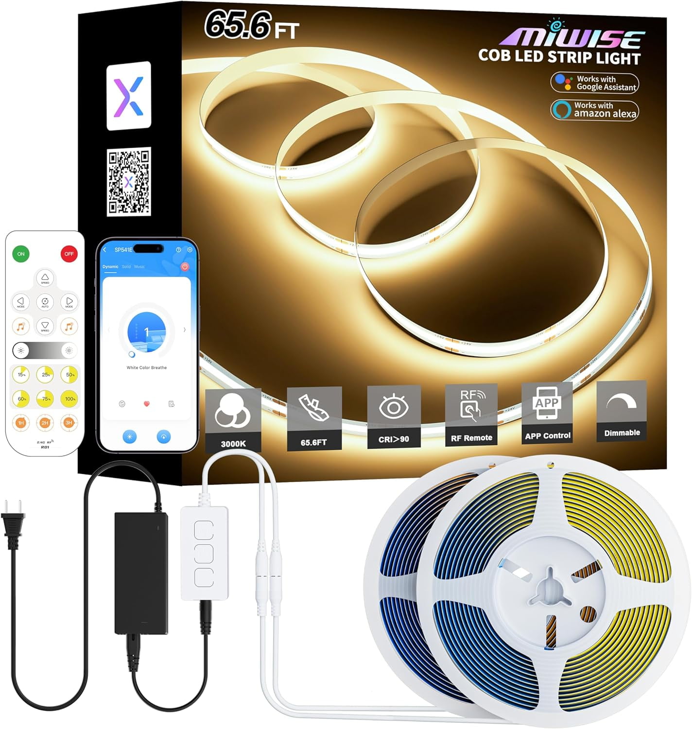 COB LED Strip Lights 65.6ft/20m, UL-Listed CRI 90+ Dimmable 3000K Warm ...