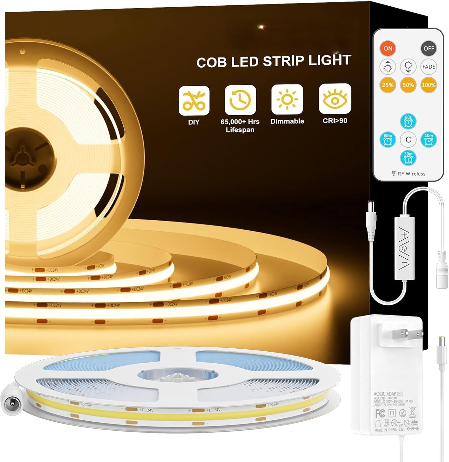 COB LED Strip Lights with RF Remote,32.8ft UL Listed Dotless LED Lights ...